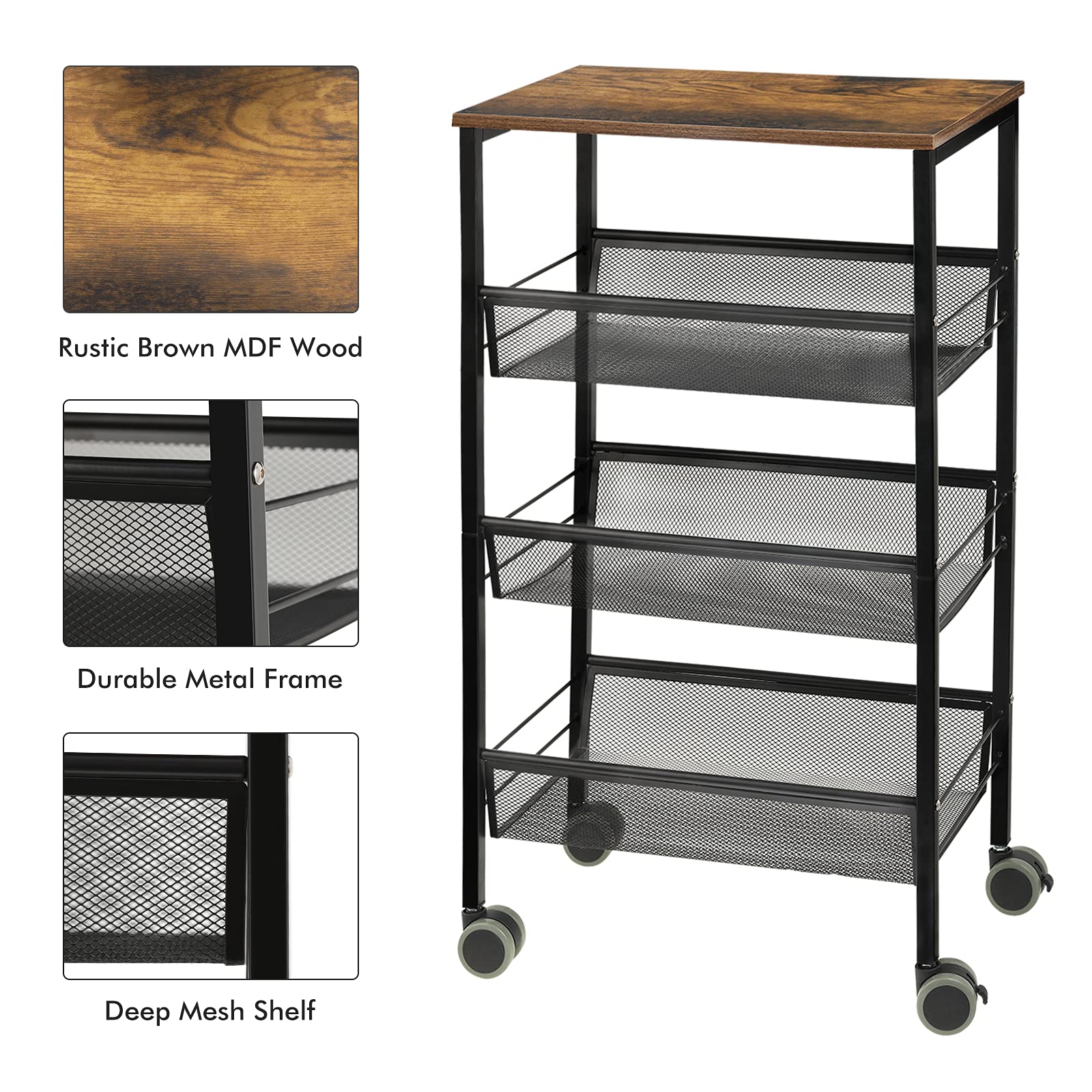 SEHERTIWY Kitchen Storage Rolling Cart, 4-Tier Kitchen Island Cart on Wheels with Wooden Shelves, Lockable Utility Cart with Mesh Baskets for Narrow Space on Dining Room Bathroom,Black