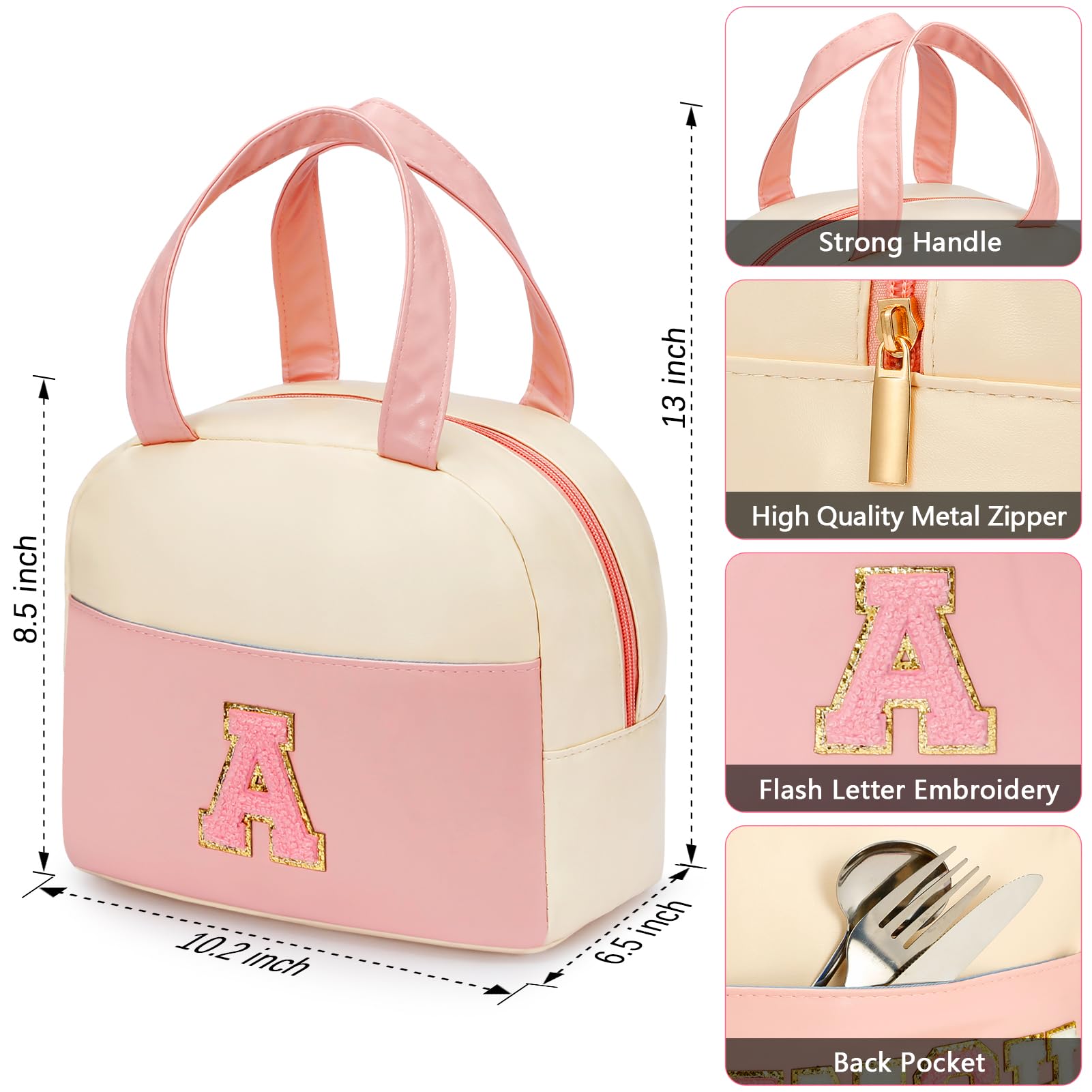 DIRGEE Lunch Bag for Women Insulated Lunch Bag For Men PU leather Small Lunch Bag for Office Work lunch Bag with Chenille Letters Leakproof Freezable Cooler Bag Reusable Portable Lunch Box E