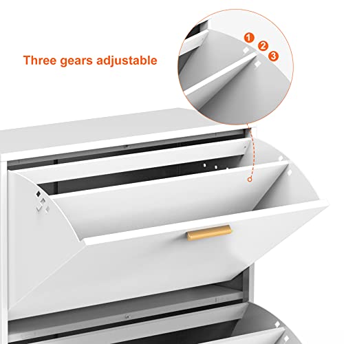 Metal Shoe Cabinet with 3 Flip Drawers, Wall Mounted & Upright Narrow Shoe Storage Organizer with Adjustable Shelf, Modern White Free Standing Shoe Cabinet for Entryway, Hallway, Holds 20 Pair Shoes