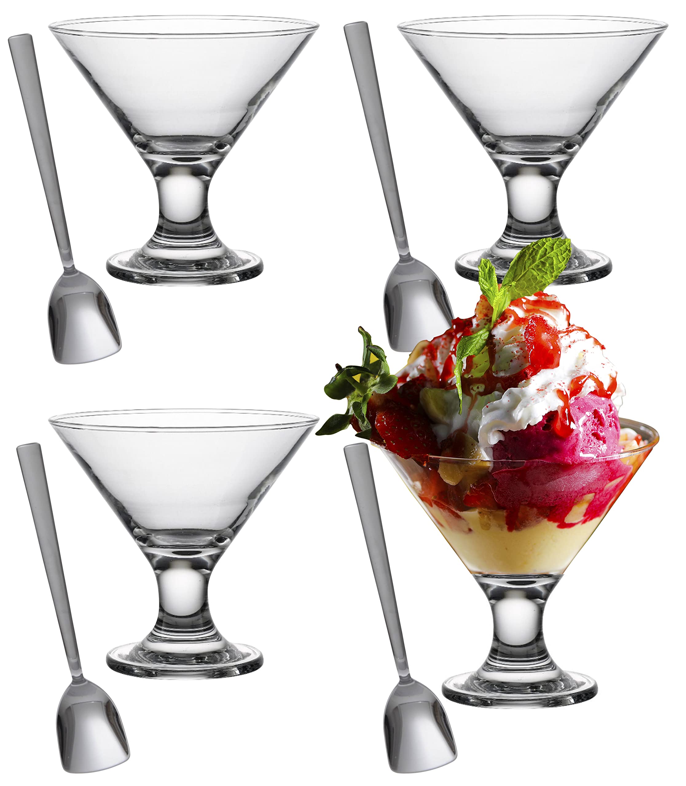 Glasia Set of 4 Glass Ice Cream Bowls and 4 Stainless Steel Spoons | Small Dessert Cups for Parfait Sundae Snacks Fruit | Mini Sorbet Glasses | Footed Trifle Tasters with Spoon for Parties