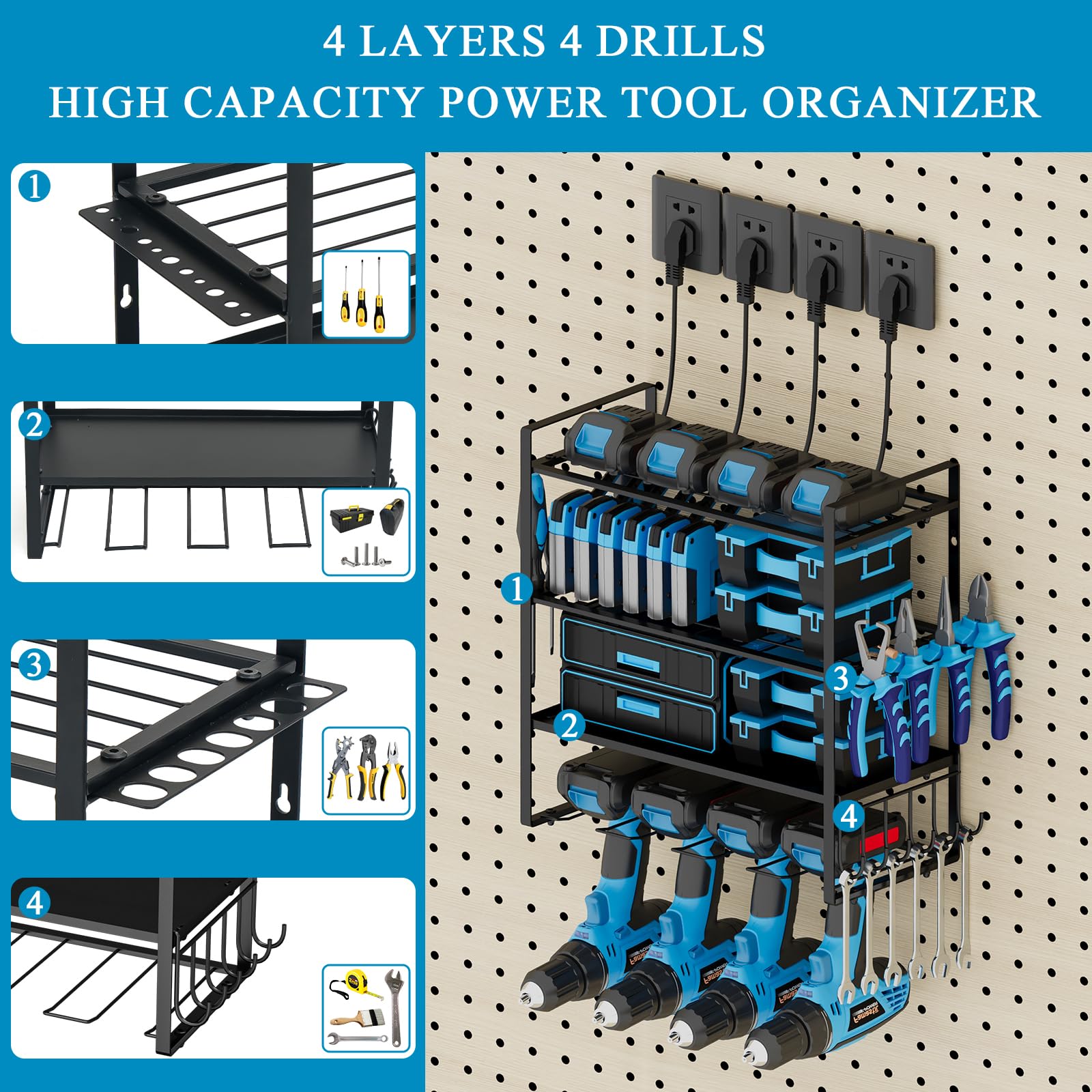 Power Tool Organizer Wall Mount, 4 Drill Holder 4 Layers Garage Tool Organizers and Tool Storage Rack, Heavy Duty Metal Tool Shelf with Screwdriver Holder Plier Holder Hammer Holder