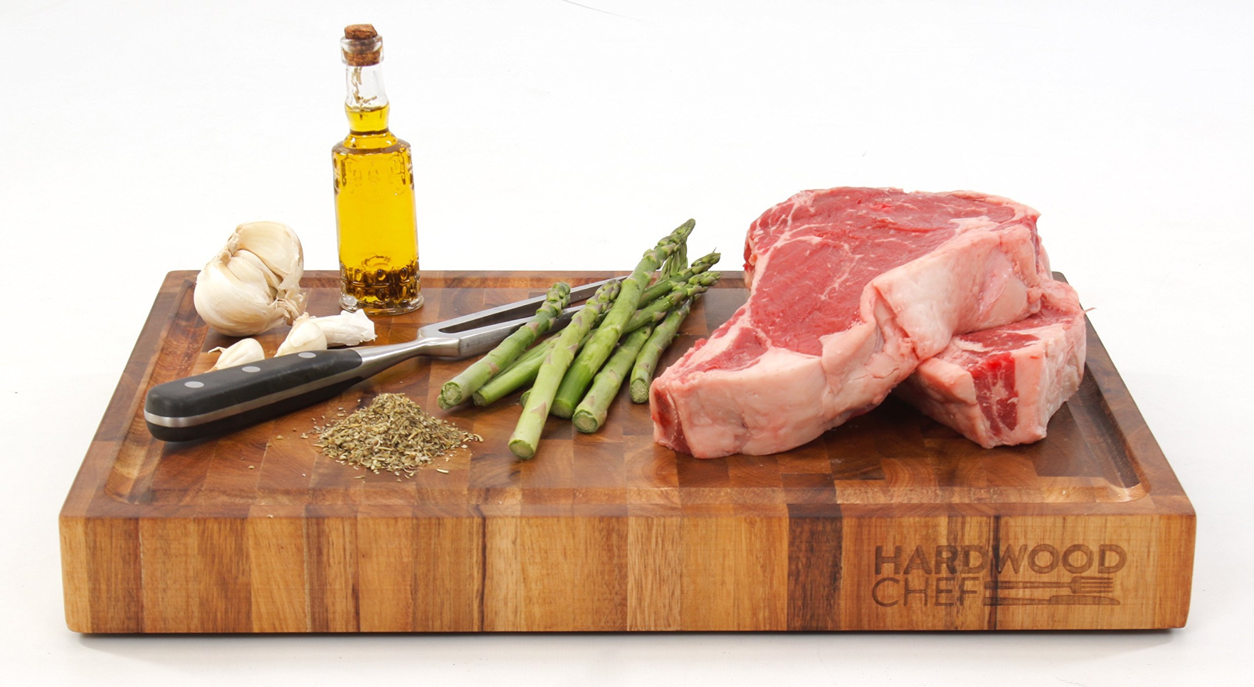 Hardwood Chef Premium Thick Acacia Wood End Grain Cutting Board Butcher Block with Groove, 16 x 12 x 1 3/4 in | For Chopping & Serving Cheese | (Gift Box Included) with BONUS e-Book