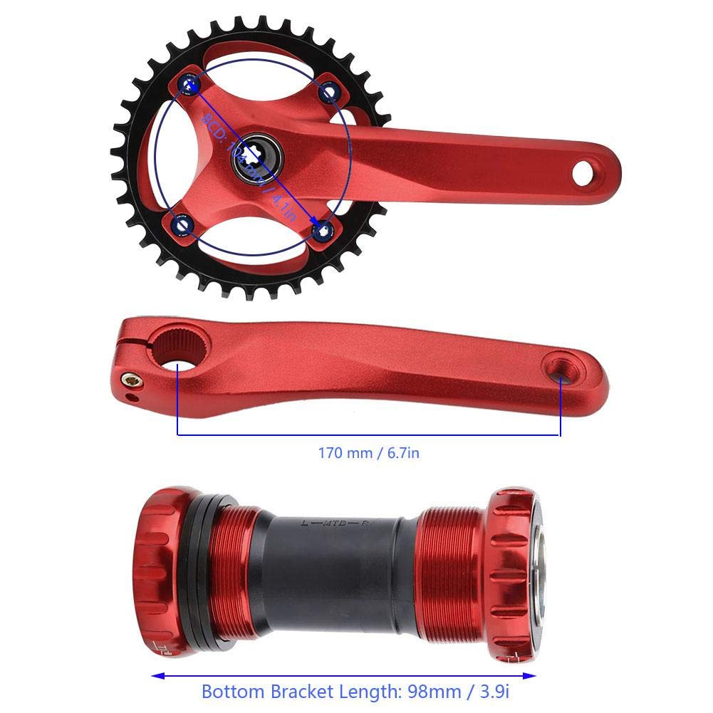Fafeims Crankset Integral Single Speed Crank Set Mountain Bike Bottom Bracket and Chain Arm Kit (Red)