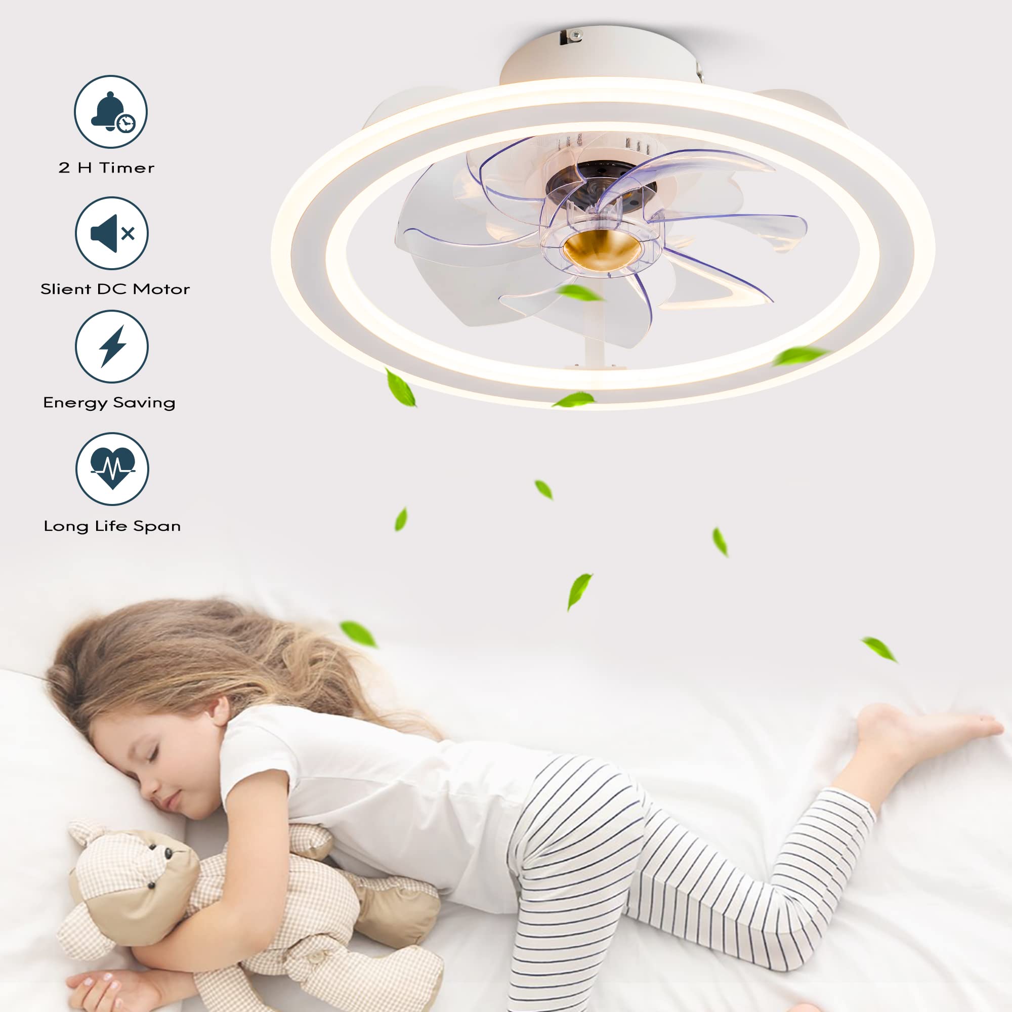 EKIZNSN 20'' Bladeless Modern Indoor Flush Mount Ceiling Fan with Lights and Remote, APP Control White Low Profile Ceiling Fans for Bedroom/Small Room
