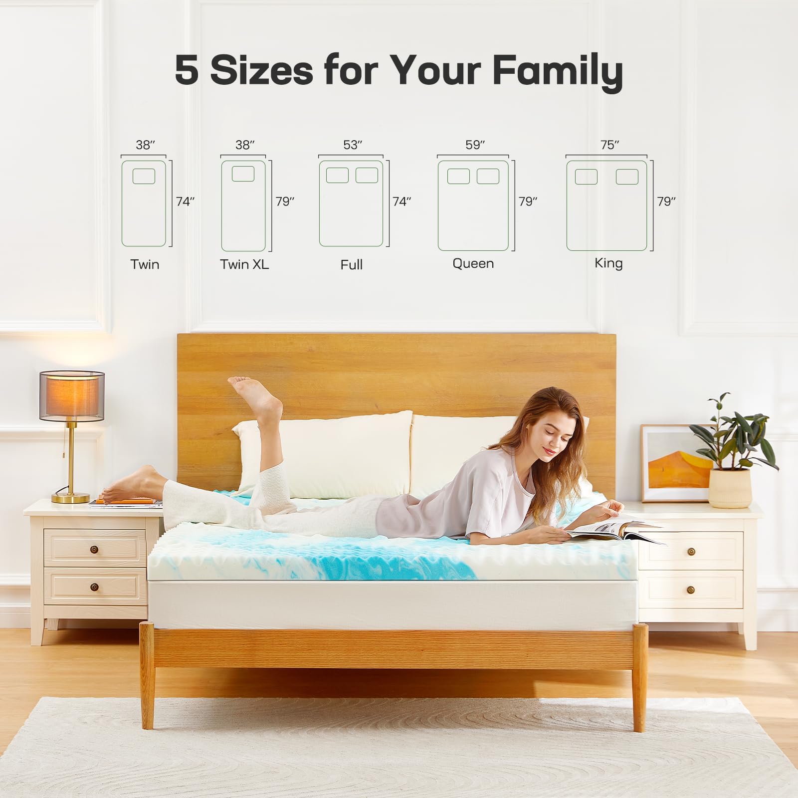 Marsail Twin Mattress Topper, 2-Inch Gel Memory Foam Mattress Topper with Ventilated Design, 5-Zone Support, Cooling Foam Mattress Topper for Sofa, RV, Camper, CertiPUR-US Certified, MSMT02BU-T2