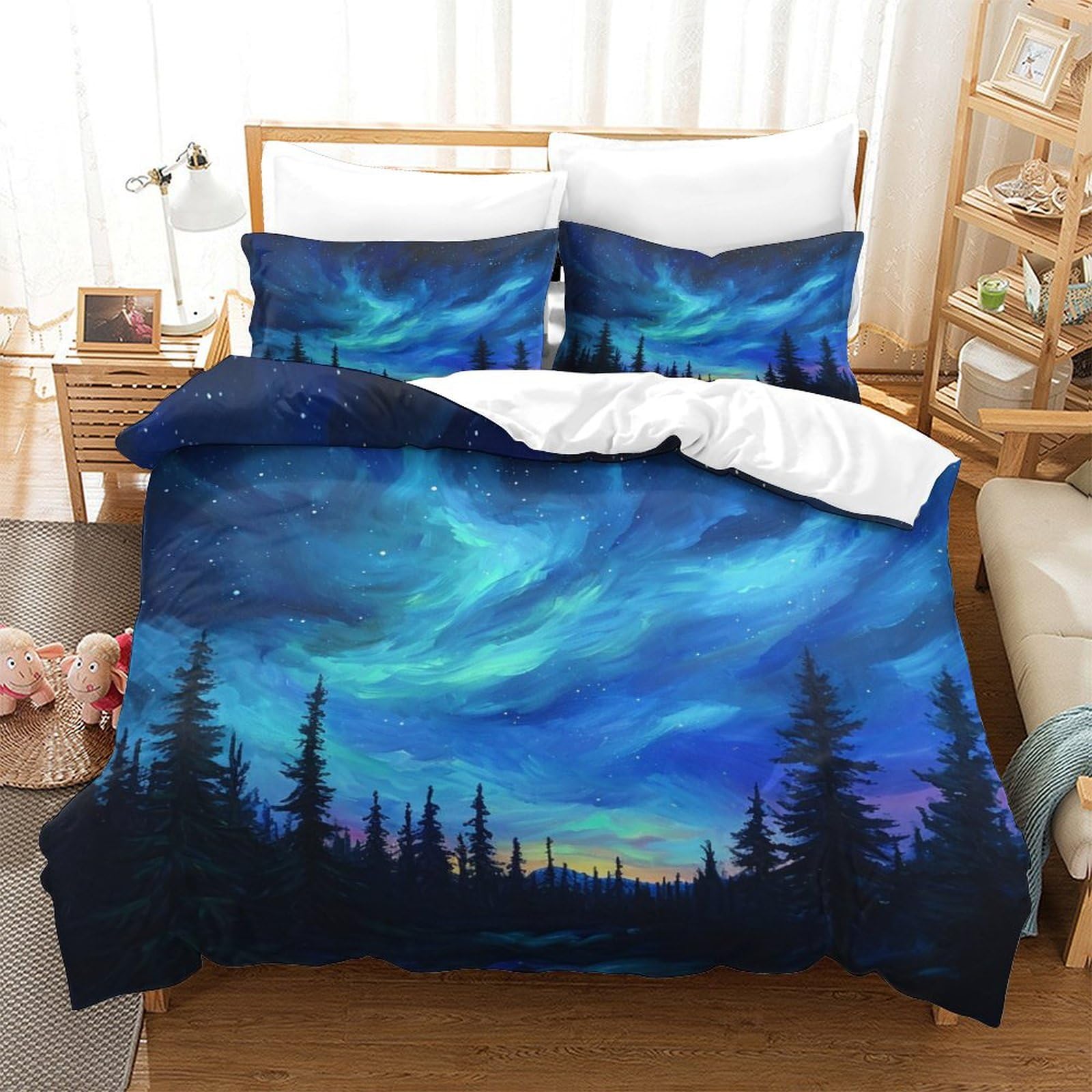 MIMIBEDDING Northern Lights for Boys Girls Comforter Covers 3D Print Blue Quilt Cover Duvet Cover with Pillow Cases Bedding Set Soft Microfiber with Zipper Closure 3 Pieces Queen(228x228cm)