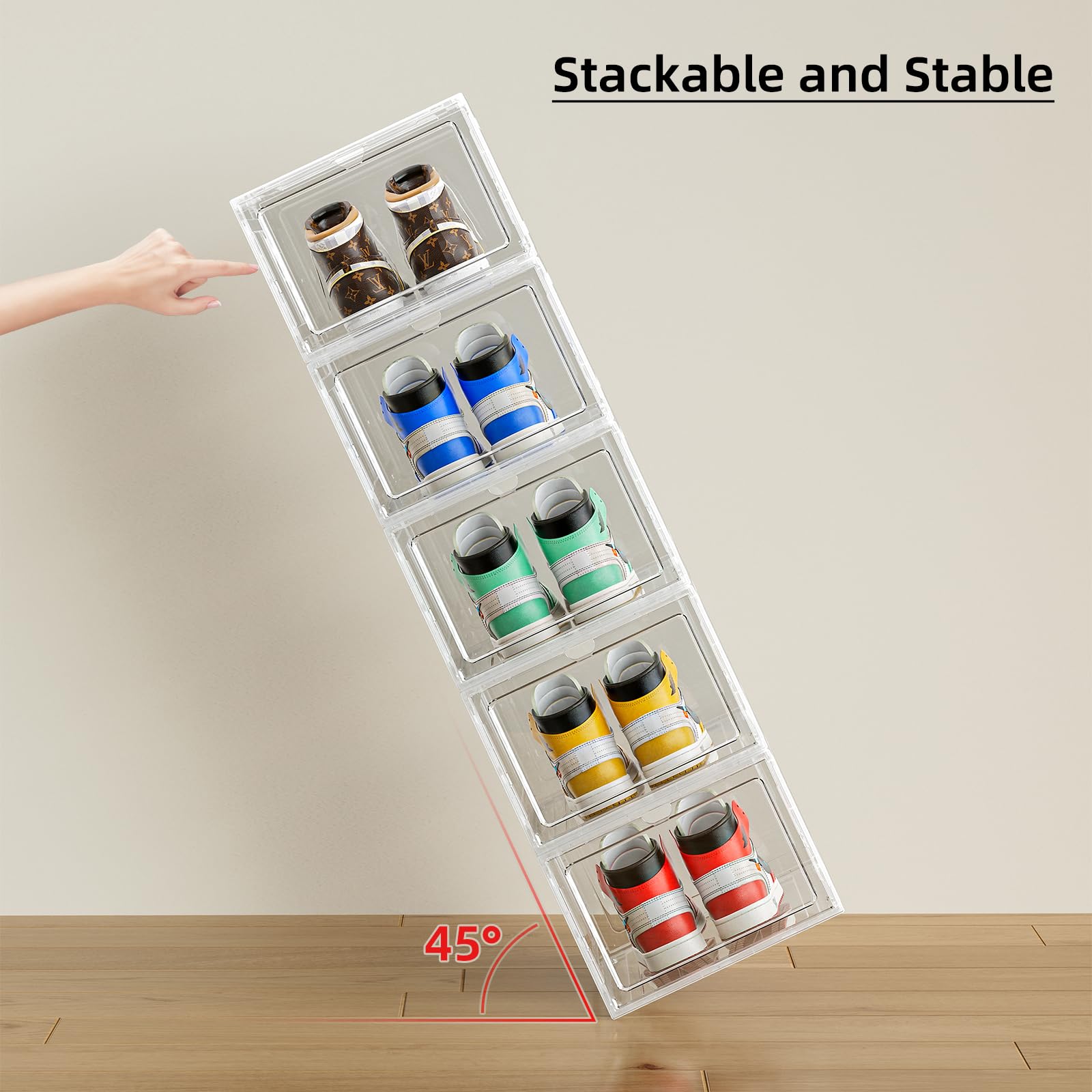 JOYZAN 6 Pack Shoe Boxes Clear Plastic Stackable, Large Sneaker Storage Organizer with Doors, Shoe Display Case, Space Saving Foldable Shoe Rack, Boots and Hat Organizer, Large Closet Shoe Holder
