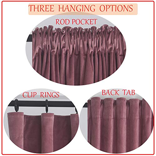 Roslynwood Home Decorative Velvet Curtains 52 inch Width for Bedroom Solid Soft Sunlight Block Window Curtain with Rod Pocket & Clip Rings Nursery, 2 Panels, 52W x 96L Inch, Dusty Rose
