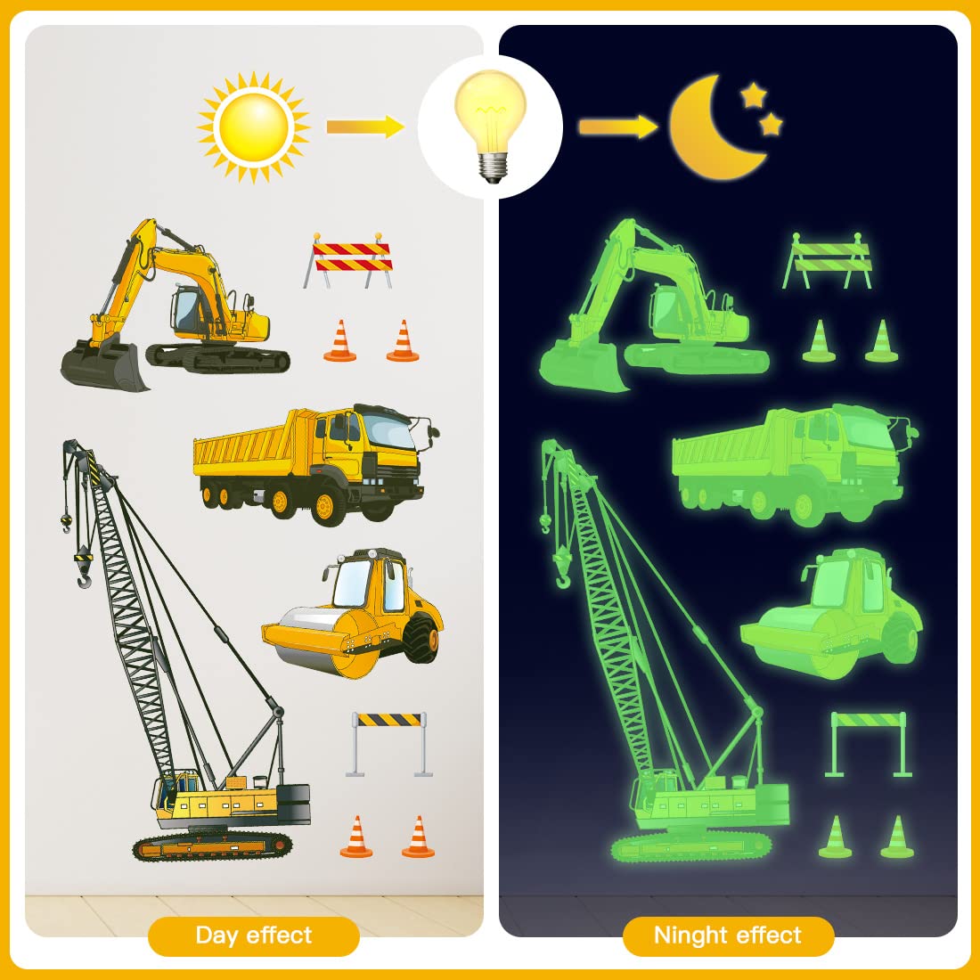 TOARTi Glow in The Dark Construction Wall Stickers, Transport Truck Excavator Tractor Decals,Luminous Vehicle Wall Decal for Kids Boys Room Nursery Decor(4 Sheets, 49 pcs)