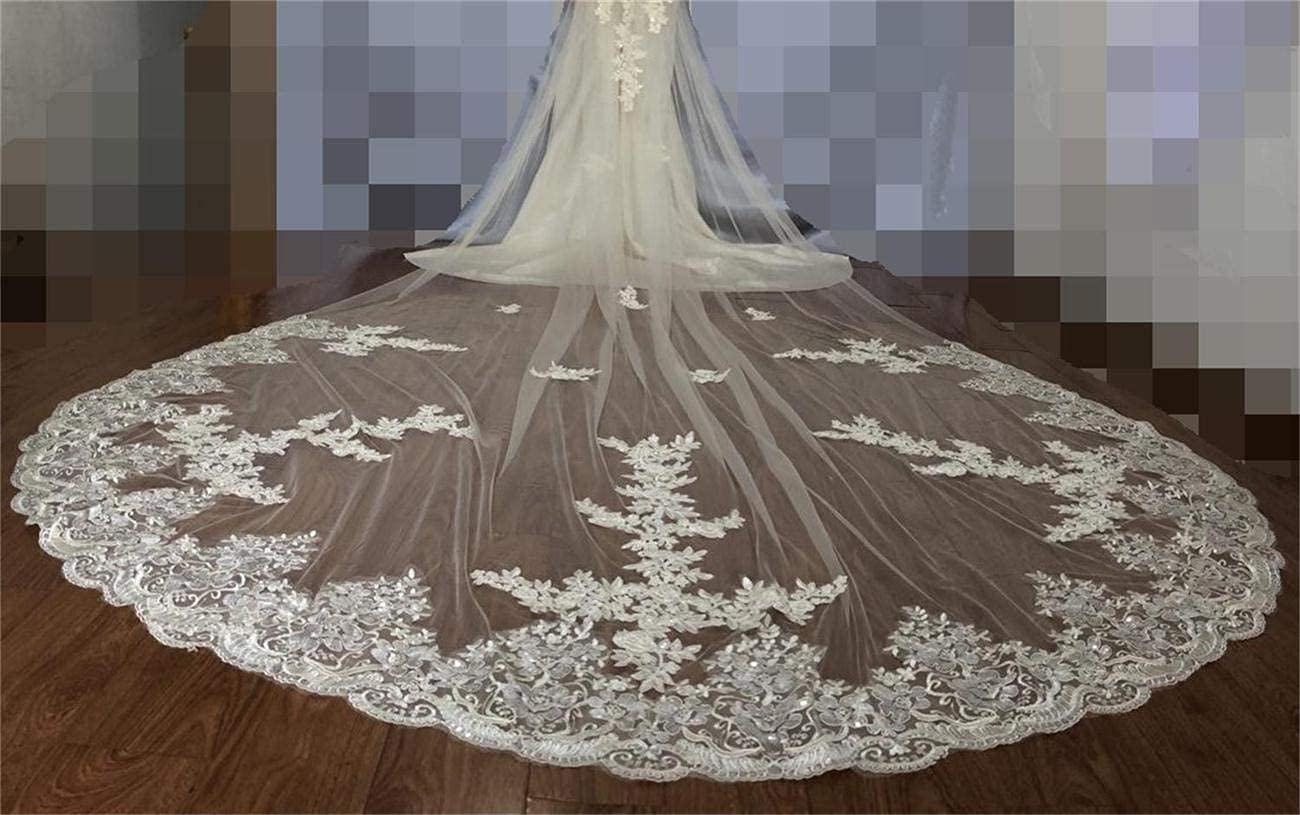 FAIOKAVER Wedding Veils Cathedral Long Floral Sequins Lace 5 Meters 1 Tier with Comb