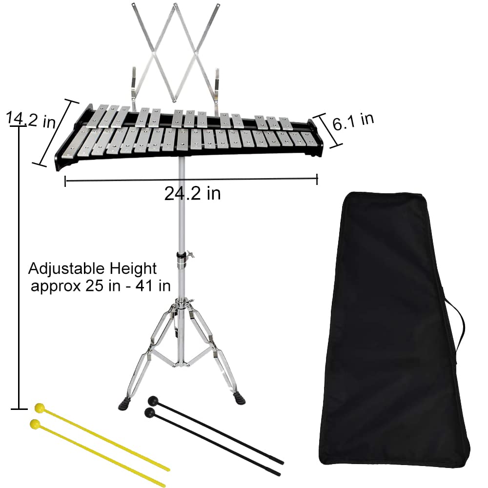 ENNBOM 32 Note Black Glockenspiel with Music Sheet Clip Xylophone Instrument Set Equipped with Adjustiable Height Frame(32 Note, Black)