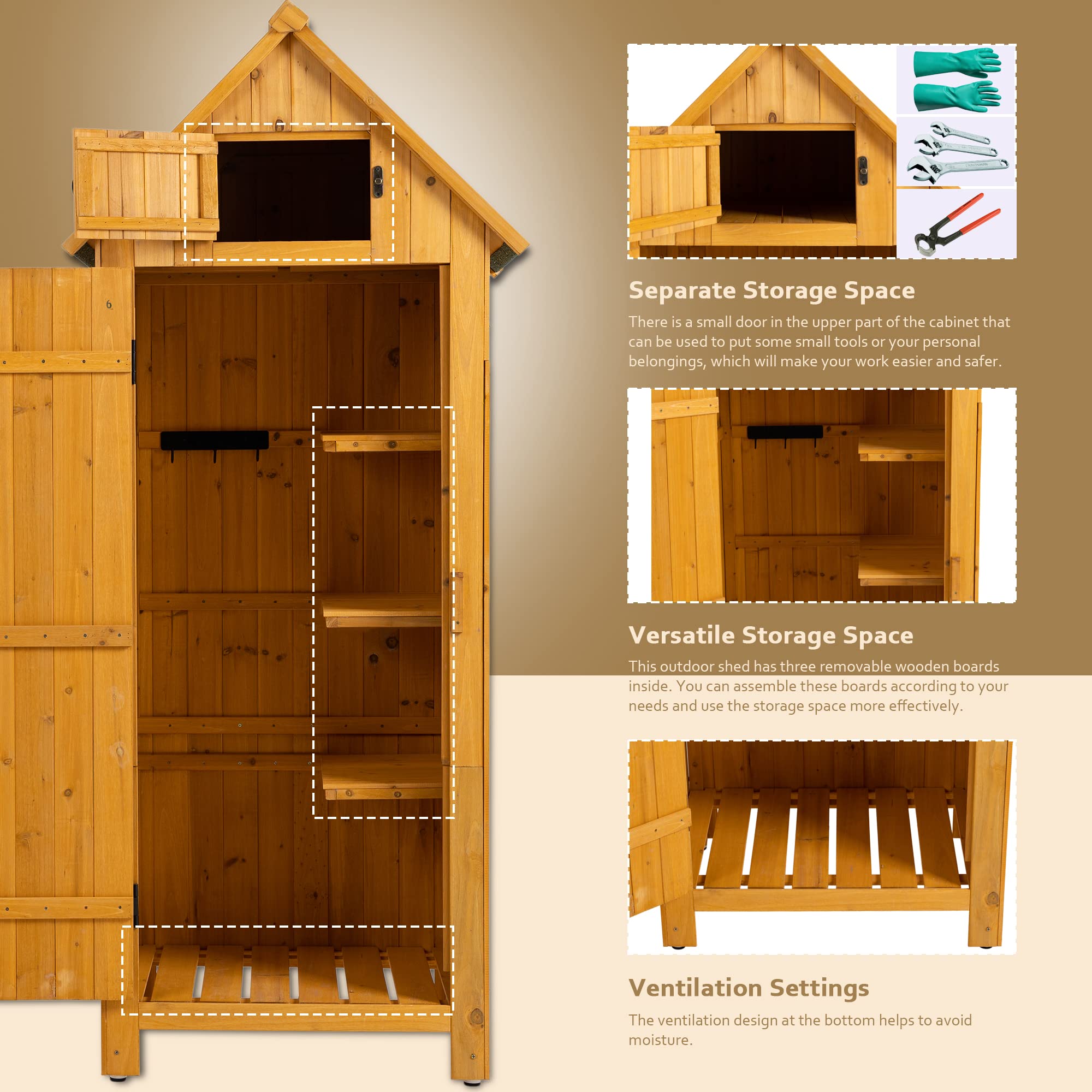Tmsan Outdoor Storage Cabinet, Small Vertical Tool Shed, Waterproof Wood Box for Patio, Garden, Backyard, Natural