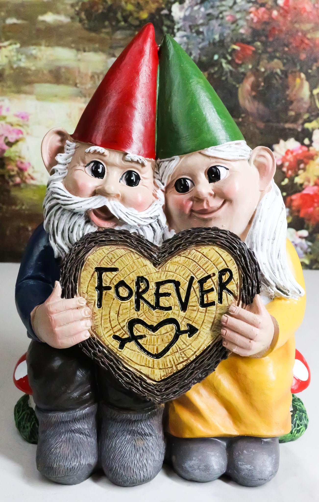 Ebros Whimsical Mr and Mrs Gnome Hobbit Couple Sitting On Toadstool Mushrooms Statue 6.25" Tall 'Forever Love Struck' Gnomes Home Decor Sculpture Figurine