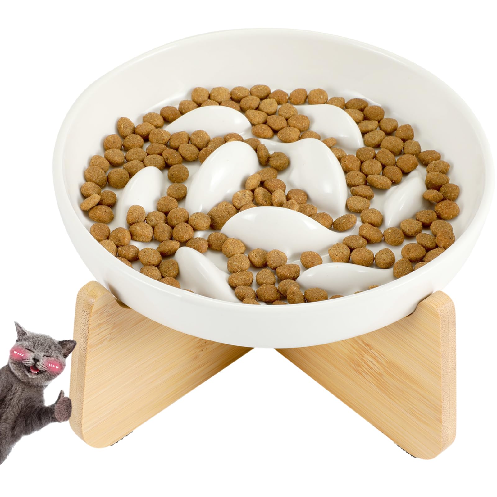 JuWow Elevated Ceramic Cat Slow Feeder Bowl, Anti Gulping Healthy Eating Diet Pet Food Bowl, Non-Slip Whale Shape Design and Raised Rim Spill Proof Slow Bowl for Kitten(Ceramic&White)