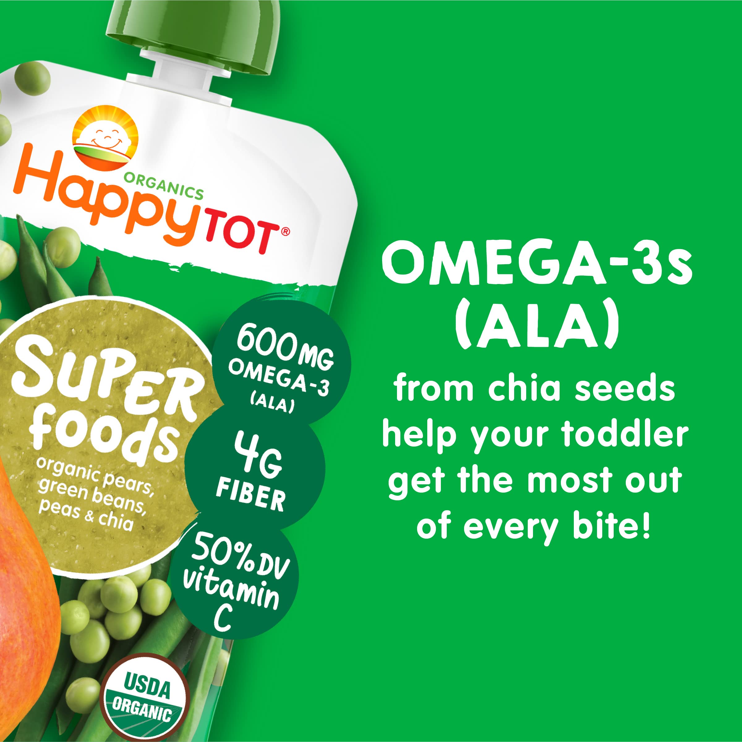 Happy Tot Organics Super Foods Stage 4, Pears, Peas & Green Beans + Super Chia, 4.22 Ounce Pouch (Pack of 16) packaging may vary