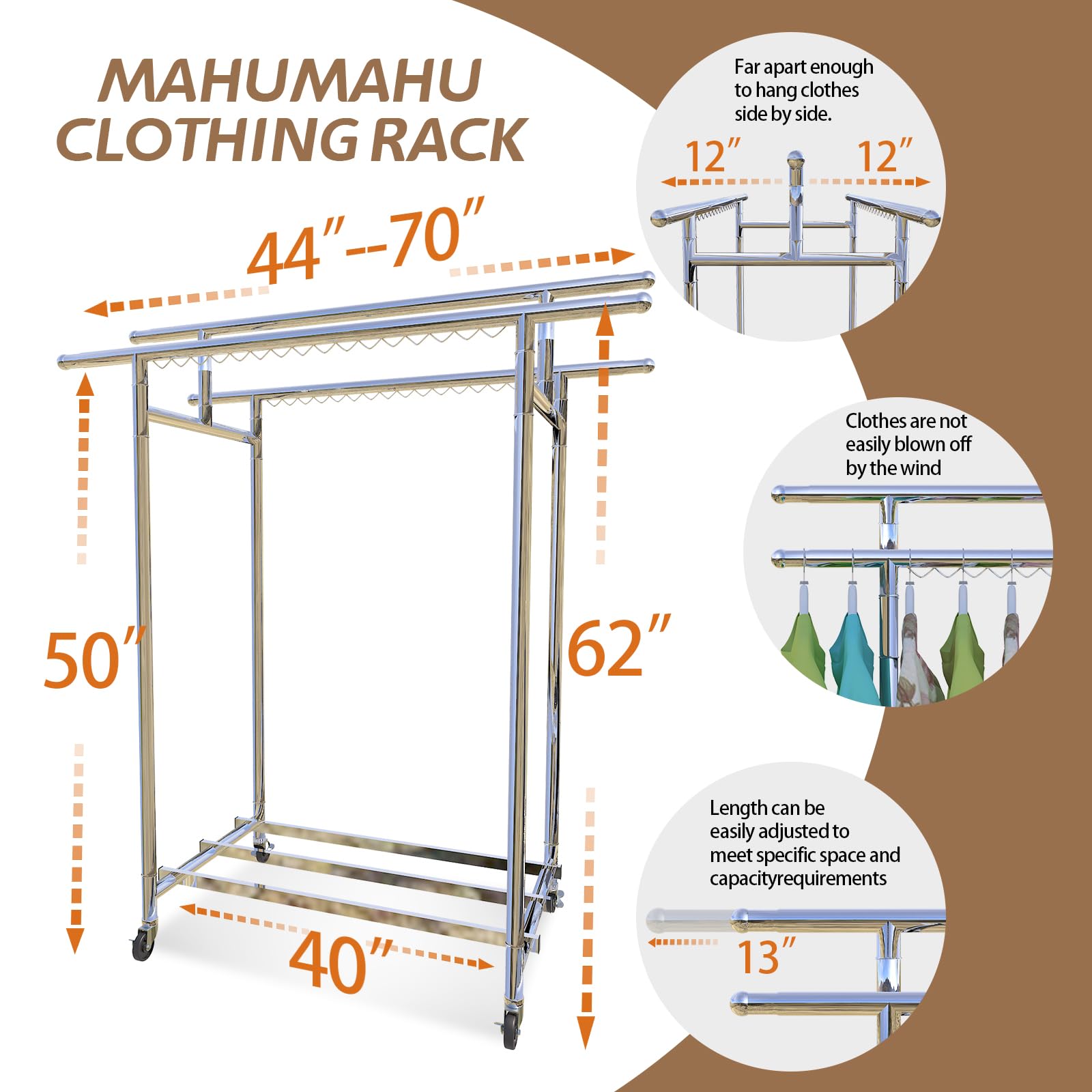 mahumahu Heavy Duty Clothes Rack Load 700LBS, Garment Rack with 4 Rolling Wheels - Stainless Steel Clothing Rack for Hanging Clothes, Chrome