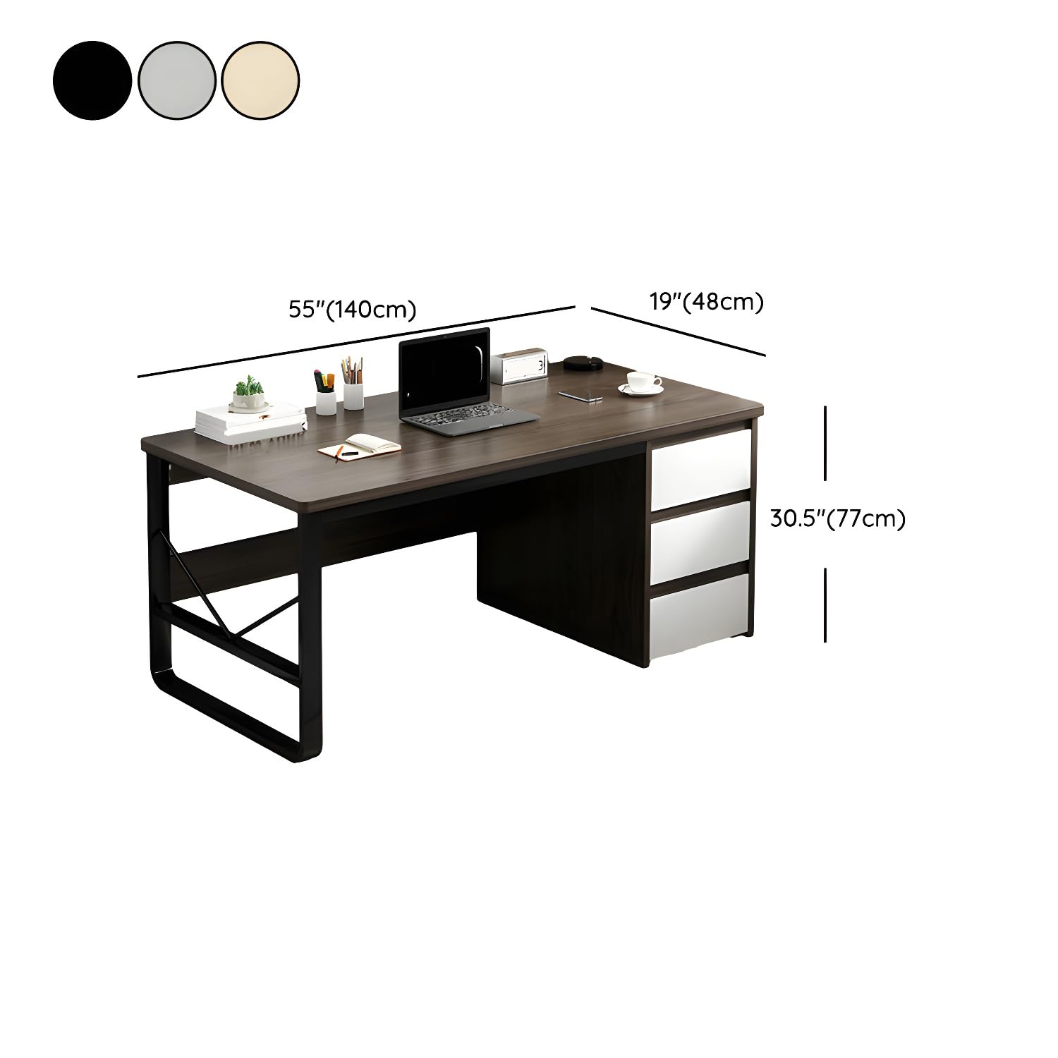 LITFAD Modern Wood Writing Desk with 3 Drawers and Standard Height Rectangular Office Desk Computer Desk - Perfect for Office or Home Use - Without Chairs Walnut 55" L x 19" W x 30" H