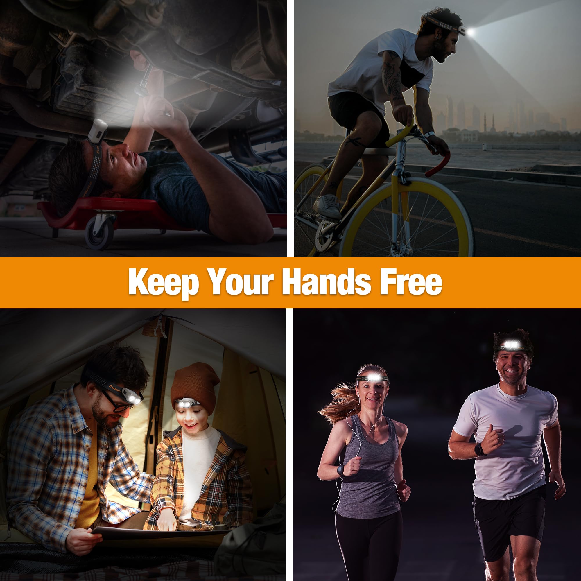 EverBrite Hat Lights Clip On Rechargeable Headlamp with Motion Sensor, 3 Models LED 180° Adjustable Head Lamp to Wear and Clip for Hard Hats, Outdoor Headlight with Red Light for Running, Camping