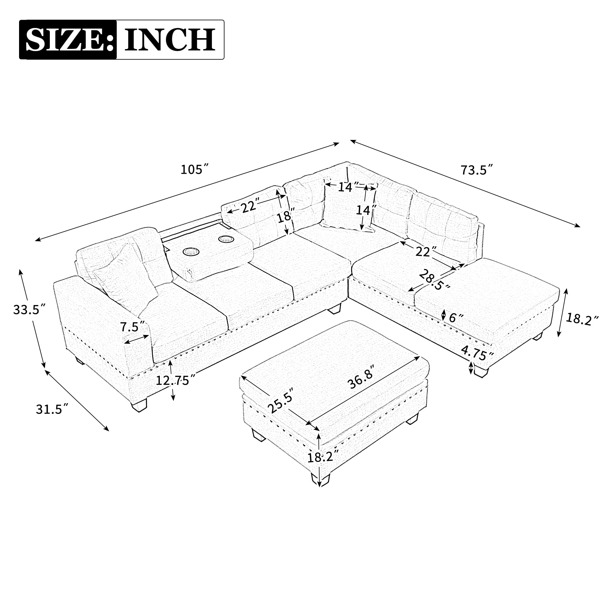 P PURLOVE Modern Sectional Sofa for Living Room, Linen L-Shape Couch with Storage Ottoman and 2 Pillows and Cup Holder, Livingroom Sofa with Reversible Chaise for Apartment, Studio (Light Gray)