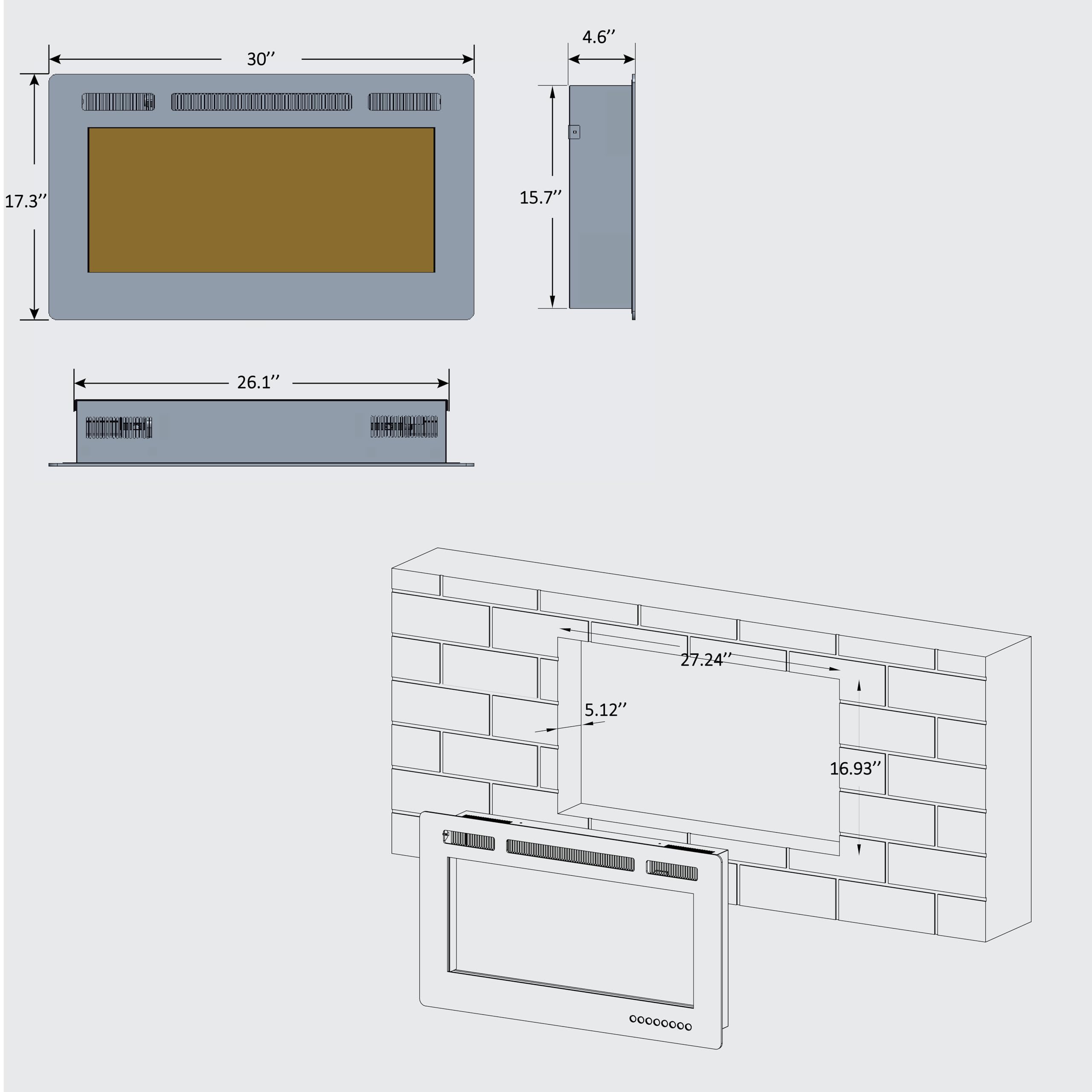 FULEIWO 30 inch Recessed and Wall Mounted Electric Fireplace, Low Noise,Fit for 2 x 4 and 2 x 6 Stud, Remote Control with Timer,Touch Screen,Adjustable Flame Color and Speed, 750-1500W