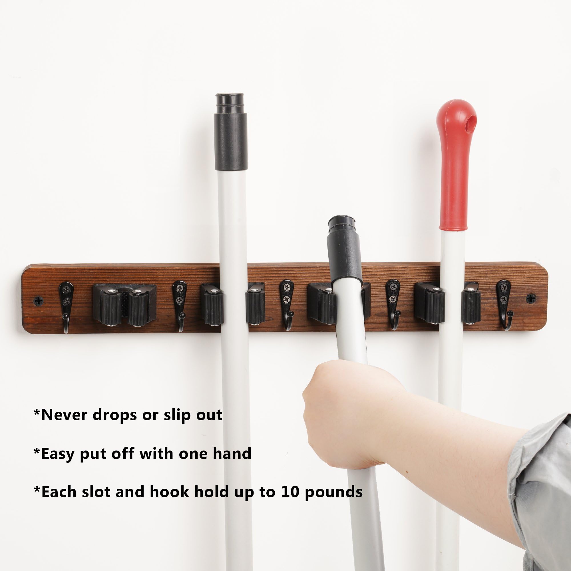 jabrand Broom Holder Wall Mount, Wood Mop and Broom Hanger with 4 Slots and 5 Hooks Laundry Room Organizer Tool for Home Garden Garage Yard Kitchen Closet Organization Storage Garden