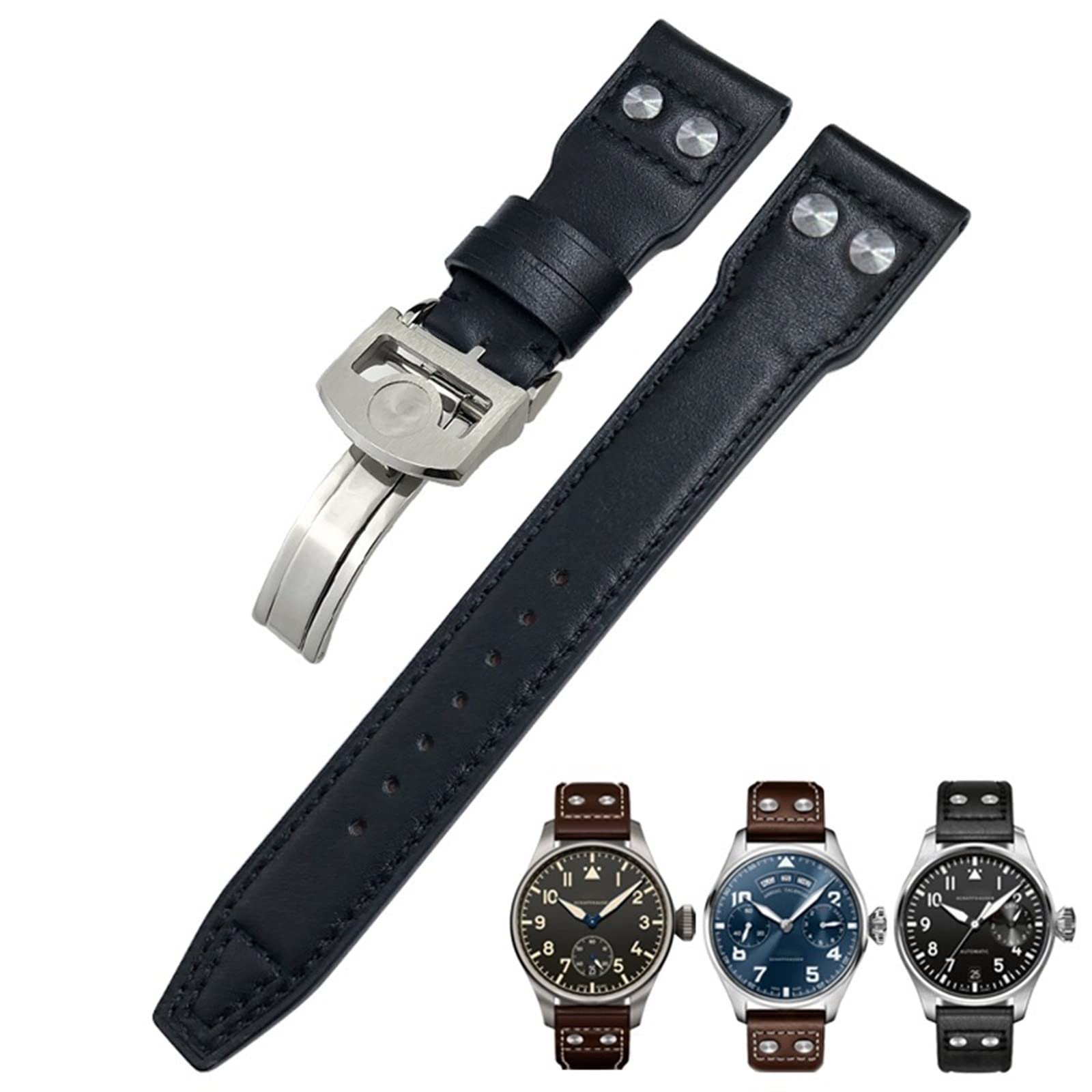EKINS 20mm Genuine Leather Watchband For IWC Big Pilot Watch Mark 18 Spitfire TOP GUN Hamilton Cowhide Soft Watch Strap (Color : Black Black Rivet 2, Size : Rose Buckle)