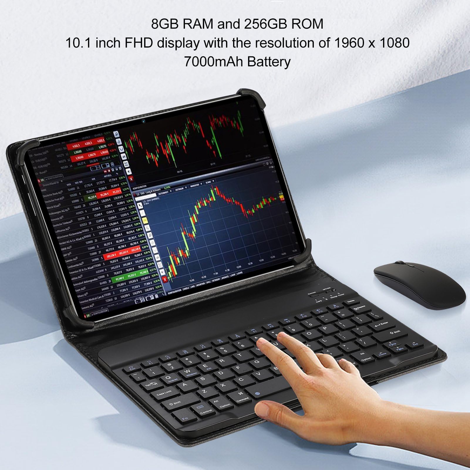 EBTOOLS 10.1In 2 in 1 Android Tablet, LCD FHD Touch Screen, 8GB RAM 256GB ROM Octa Core, 5G WiFi BT5.0, Support 4G Calling, 7000mAh, with Case Keyboard Mouse (US Plug)