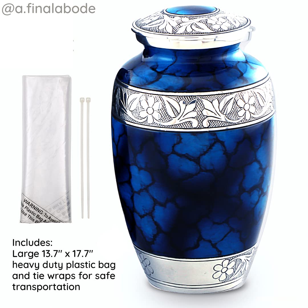 Final Abode Cremation Memorial Urn for Ashes and Stainless Steel Pendant Necklace - Blue Funeral Burial Engravable Urn - Pendant with Chain Engraved - Protective Black Velvet Bag for Transport