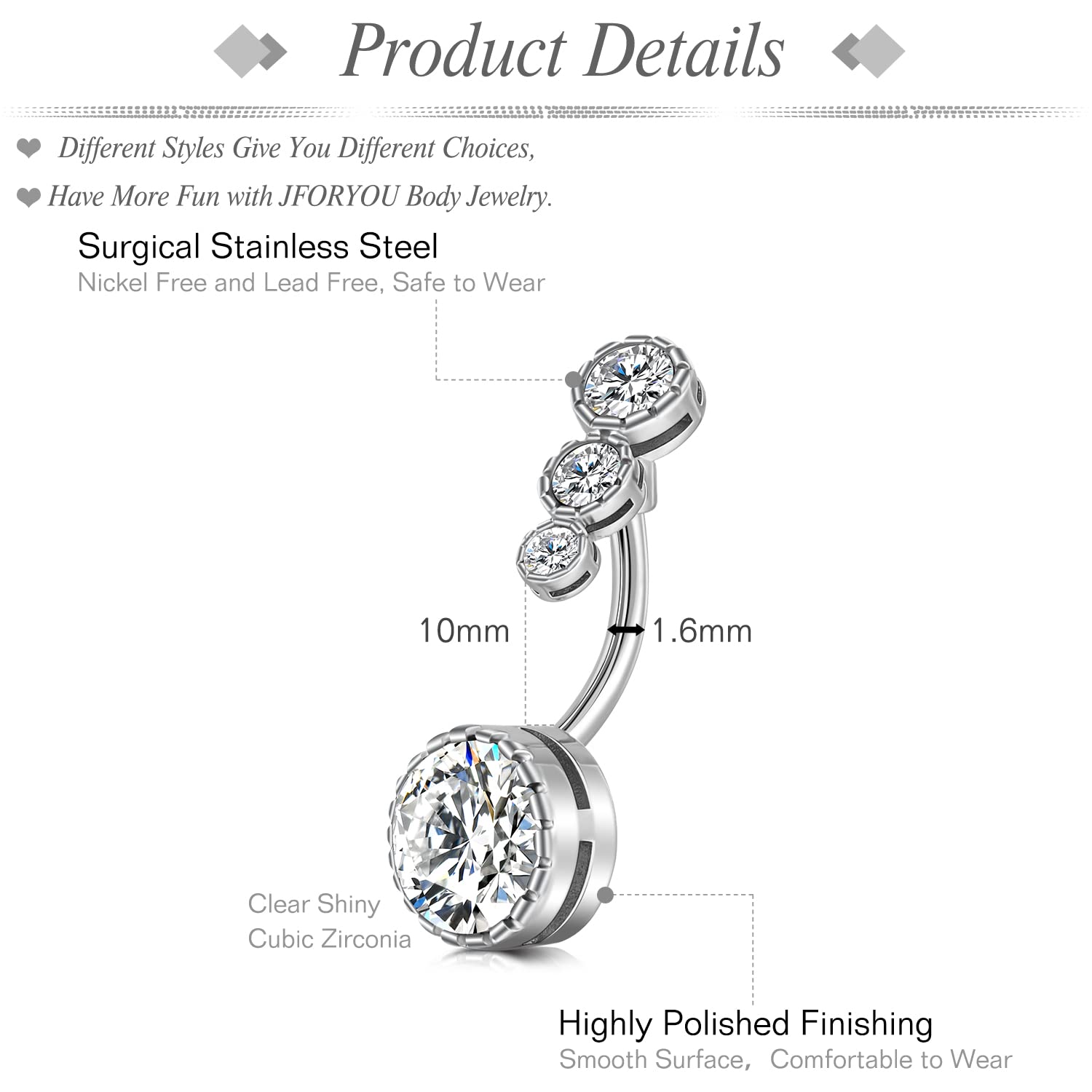 JFORYOU Silver Clicker Belly Button Rings Surgical Steel 14G Belly Navel Rings Triple CZ Top Design
