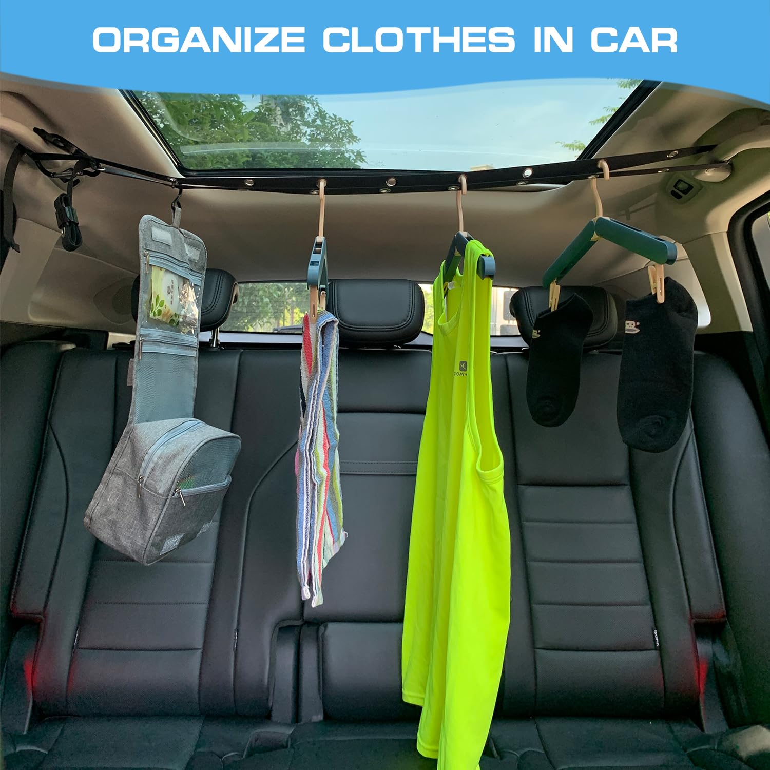 NAUGHOST Portable Car Clothesline, Adjustable 94.48" Clothes Drying Rope Multifunctional Storage Strap with 23 Hanging Holes & 2 Folding Clothes Hanger Interior Car Accessories for Camping Travelling