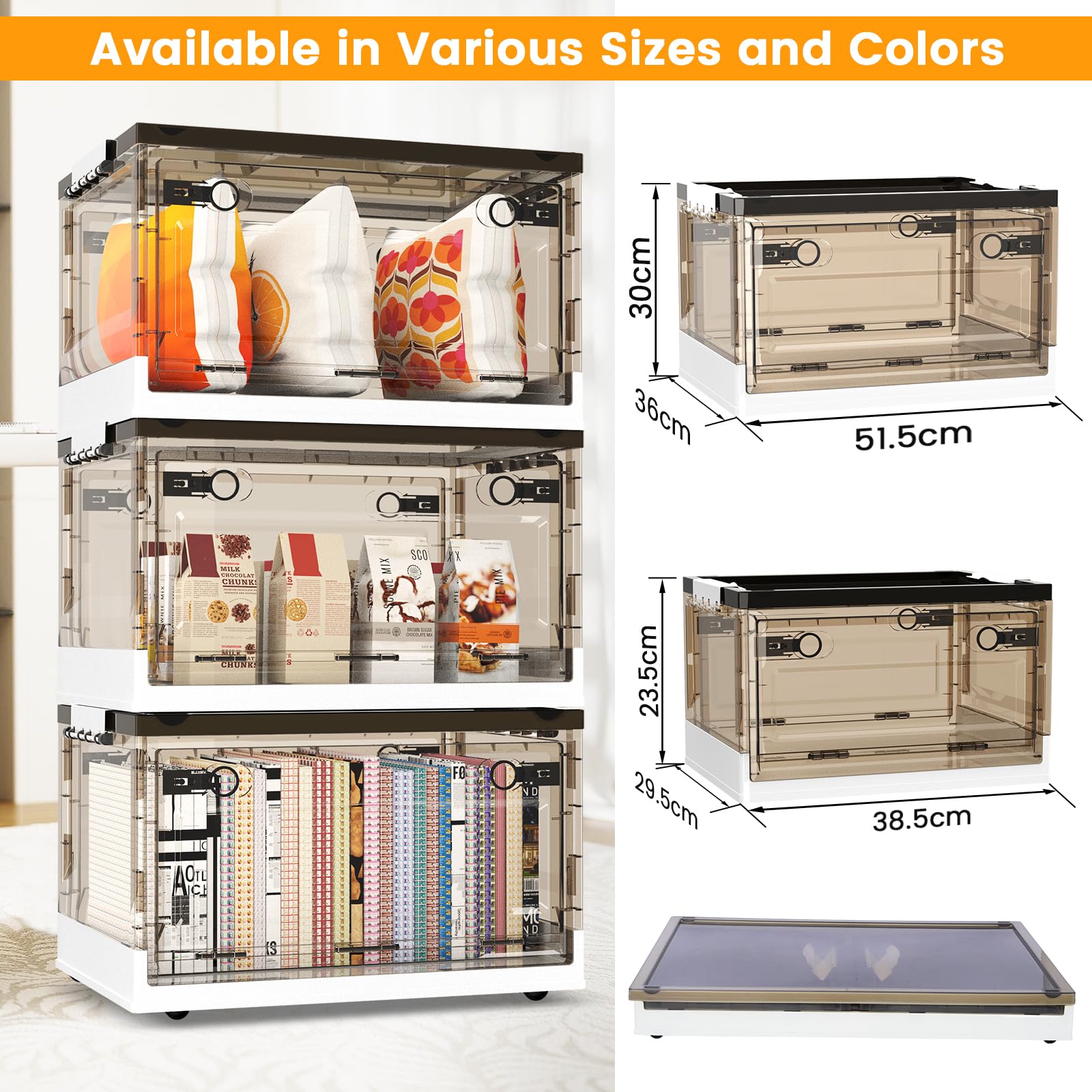 sugitek 4P 50QT Foldable Stackable Storage Bins with Lids - Clear Plastic Storage Box with Wheels for Closet Organizer, Secure Latching Buckles, Ideal for Home Office Garage Organization