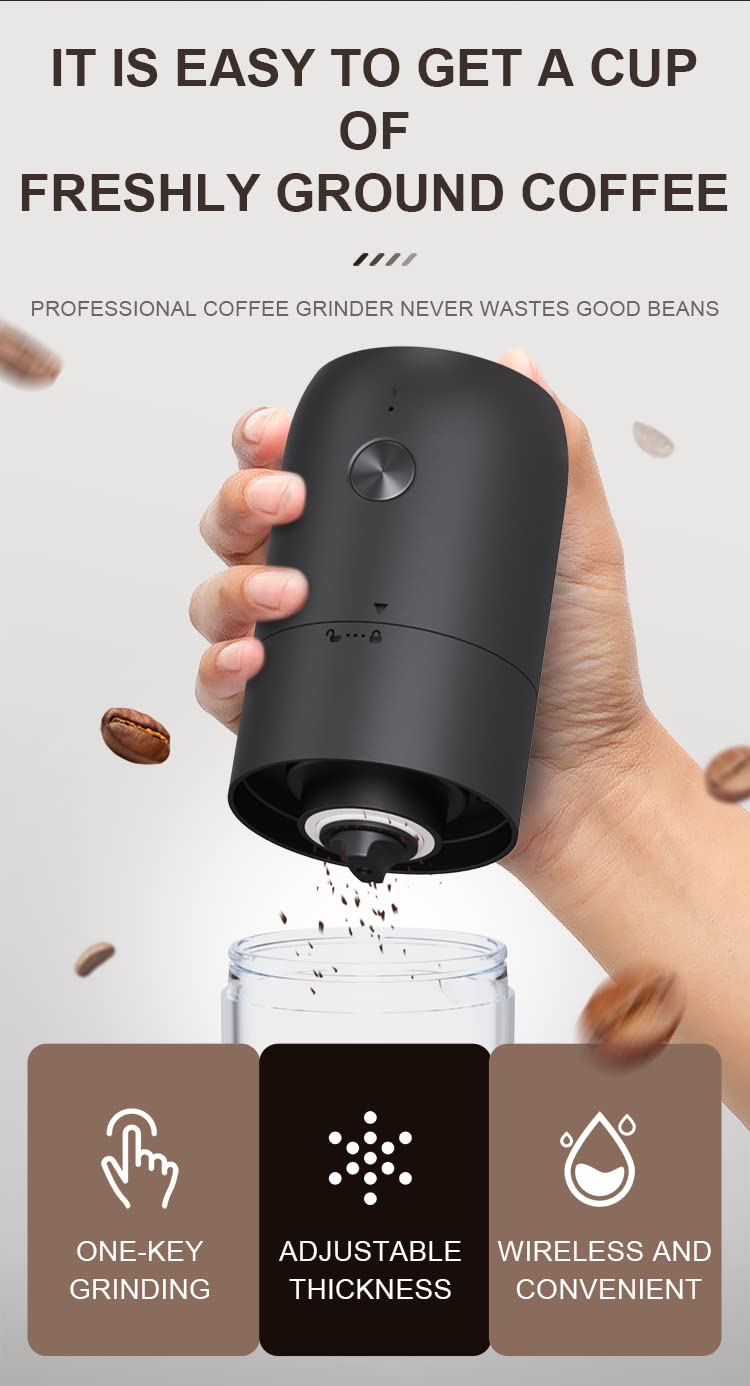 Electric Coffee Grinder Portable -One Button Control Coffee Bean Grinder Core Espresso Grinder Strong power Uniform grinding Adjustable thicknessUSB-Rechargeable (Black)