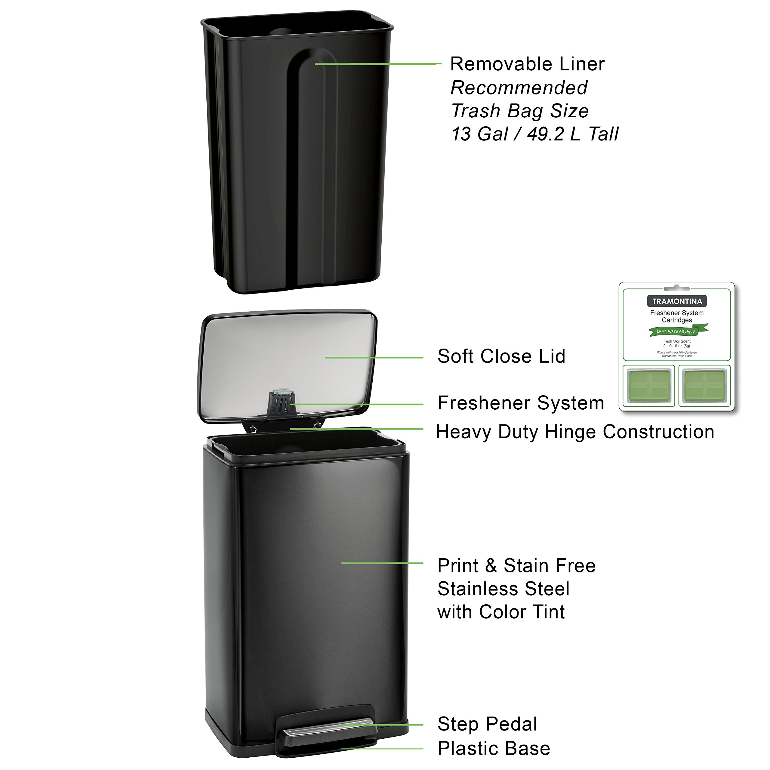 Tramontina Rectangular Step Can Freshener System, Trash Can (Charcoal Gray, 13-Gallon)