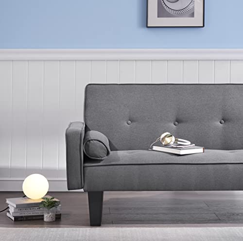 FANYE 71.65“W Modern 3-in-1 Upholstered Napping Futon Loveseat Convertible Sleeper Bed,2-Seaters Sofa & Couch Tufted Cushions Love Seat Daybed for Small Space Living Room, Gray With Pillows, Deep Grey