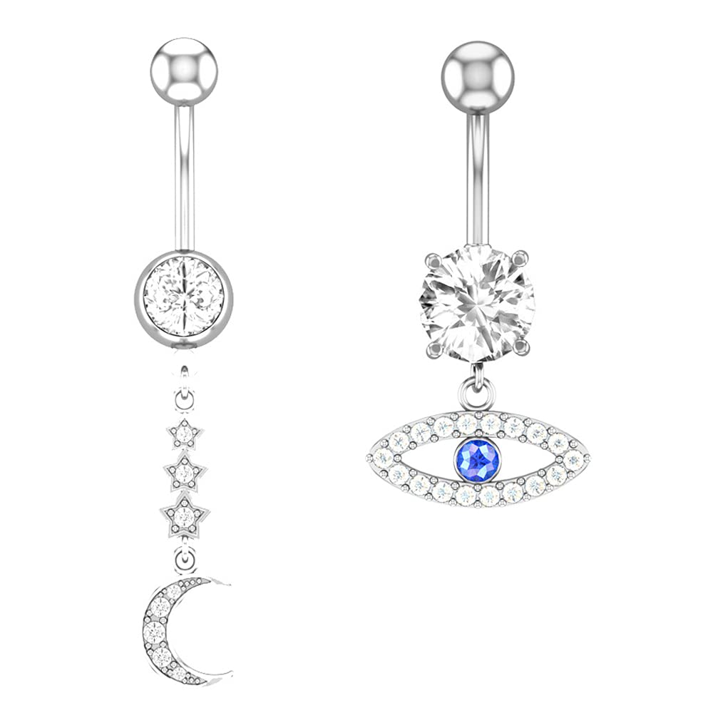 Evil Eye Belly Button Rings Surgical Steel Sexy Moon Dangle Zircon Stainless Steel Cute Dainty Boho Crescent Moon Demon Eye Belly Dangle Button Ring Set Hypoallergenic Body Piercing Jewelry (Silver)