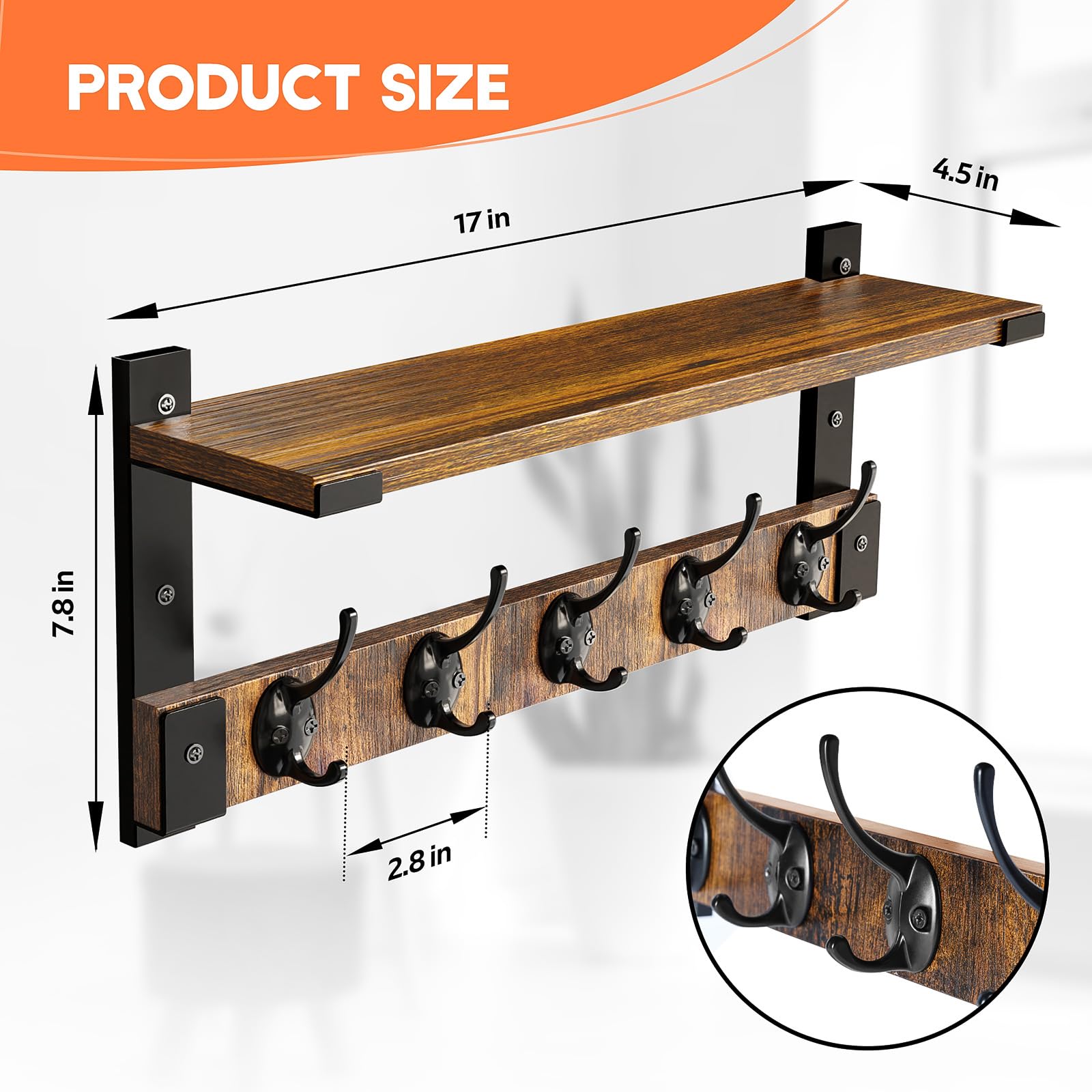 Oraich Wall Hooks with Shelf, Coat Rack Wall Mount, Shelf with Hooks for Coat Backpack Key Clothes Hanger, Wall Floating Shelf Hanging in Entryway, Living Room, Bathroom, Bedroom, Kitchen