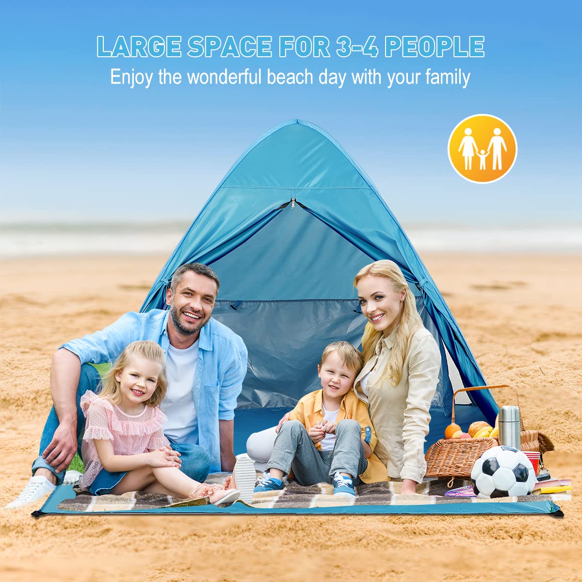 Hitish Beach Tent, Windproof & Portable Sun Shade Shelter for 3-4 Person with UPF 50+ UV Protection, Extended Floor & Roll Up Window, Easy Setup Beach Tent with Carry Bag, 6 Stakes for Camping Fishing