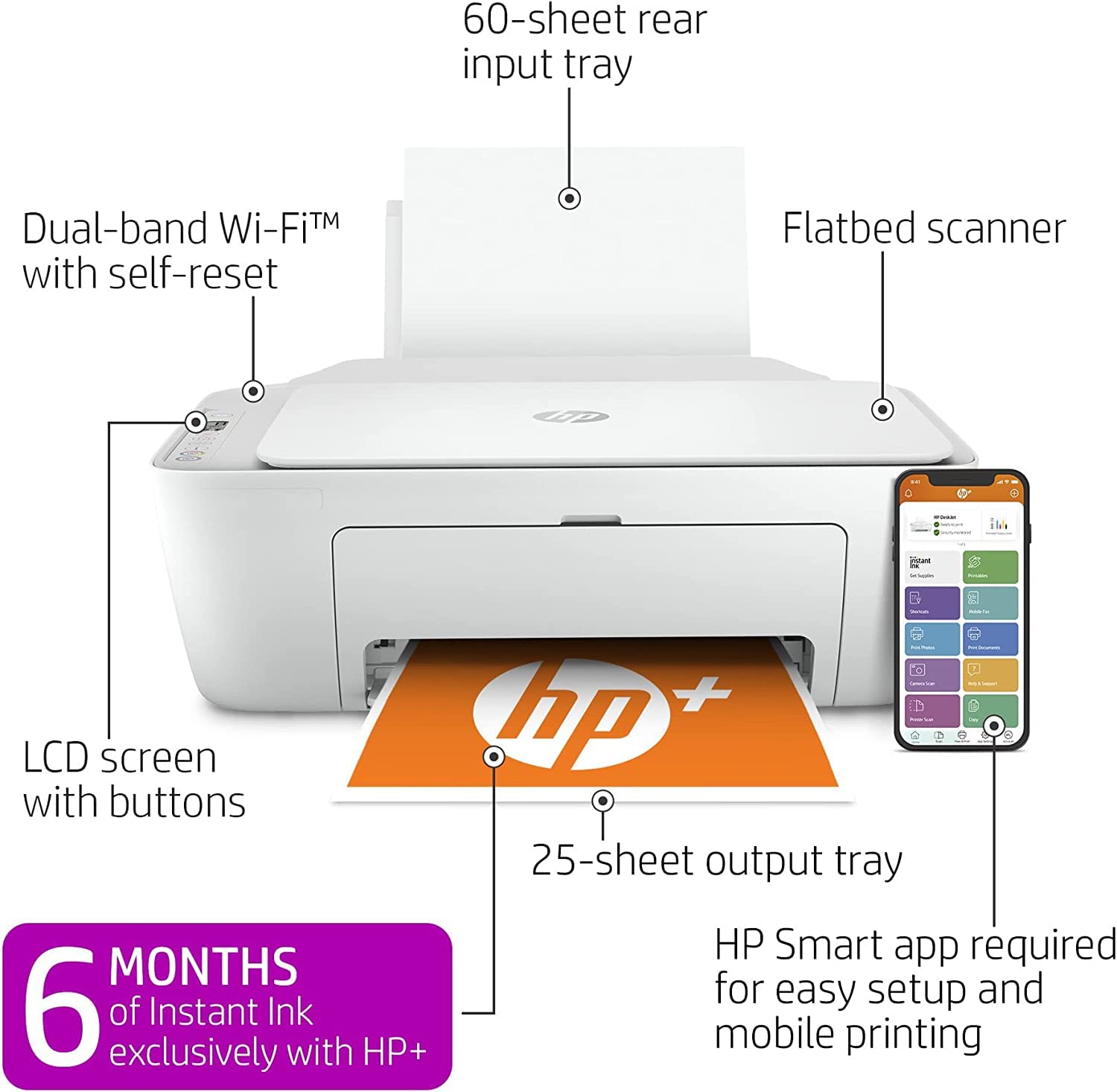 HP DeskJet 2752e Wireless All-in-One Color Inkjet Printer for Home Office, White - Print Scan Copy - Icon LCD Display, 1200 x 1200 dpi, WiFi, Bluetooth, USB, Cbmou Printer Cable (Renewed)