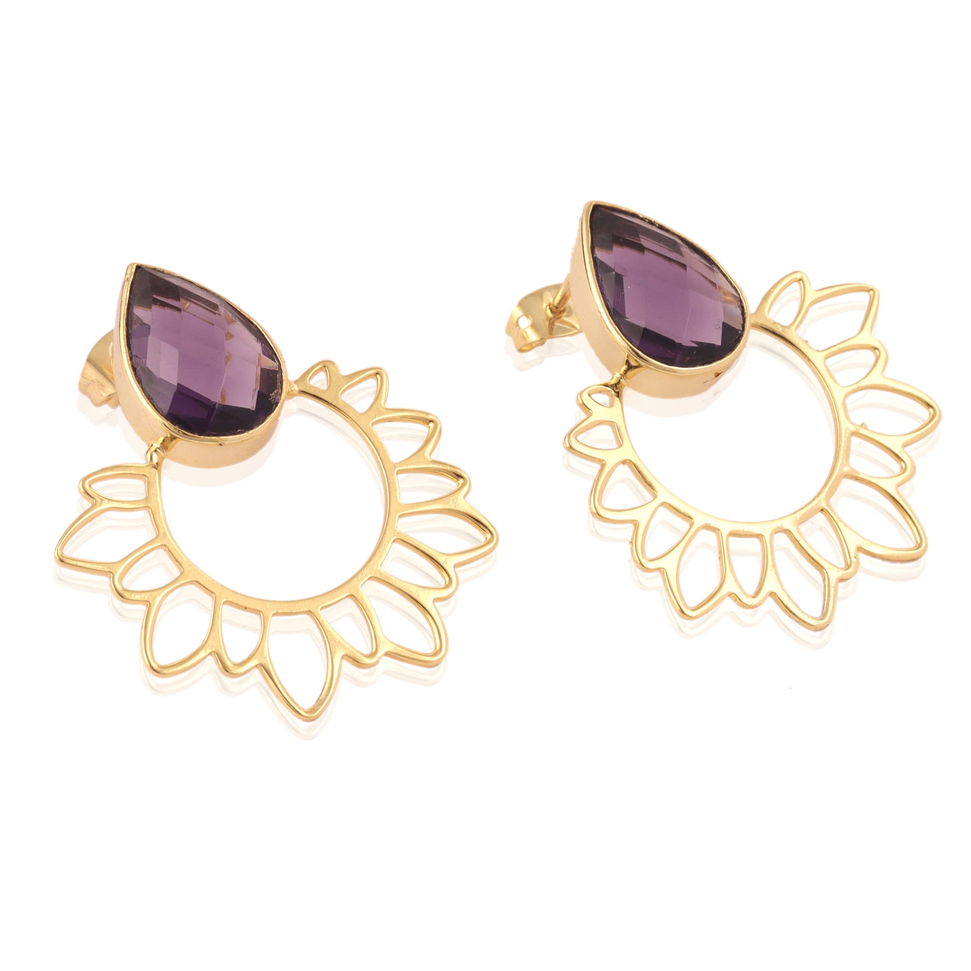 Guntaas Gems Checker Cut Purple Amethyst Quartz Brass Gold Plated Designer Flower Shape Hoop Bali Earrings Mother Day Gift