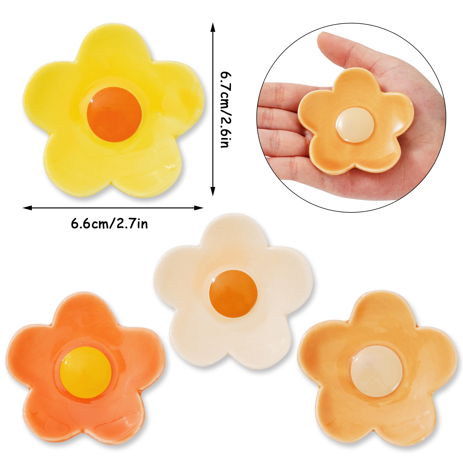 Whaline 4Pcs Flower Coffee Spoon Rest Groovy Retro Flower Ceramic Teaspoon Holder Boho Daisy Sauce Dishes Dipping Bowl Floral Ring Dish for Groovy Retro Boho Party Kitchen Office Home Decor