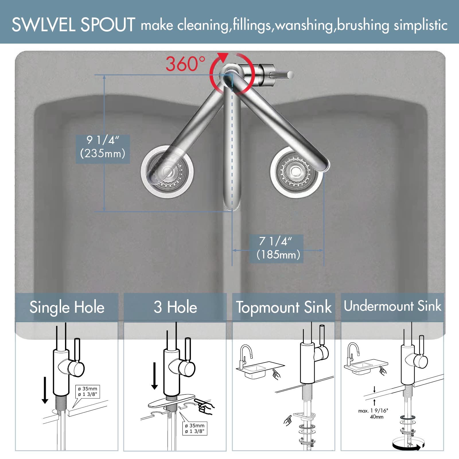 Kitchen Faucet with Pull Down Sprayer OUEN Brushed Nickel Modern Single Handle High Arc Pull Out Kitchen Sink Faucets with Deck Plate for Laundry RV Farmhouse, Brass Structure, 15.7" Height