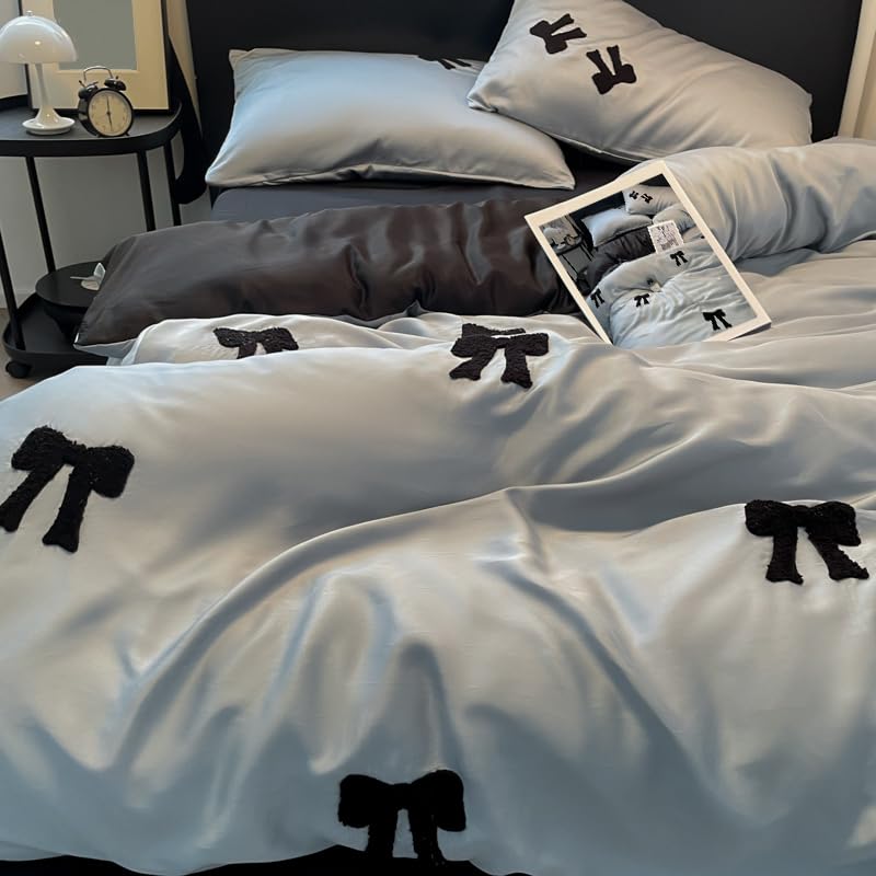MASTERMARK Blue Duvet Cover Set ,3 Piece Luxury Silky Black Bow Design Bedding Set with 2 Pillow Shams with Zipper Closure (No Comforter) 86x94 Inches