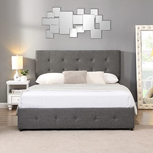 RHIZOME Queen Upholstered Platform Bed Frame with 4 Drawers Storage and Headboard Footboard, Mattress Foundation with Wooden Slats Support and No Box Spring Needed, Grey