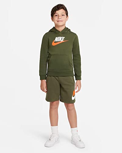 Nike Sportswear Club + HBR Fleece Shorts (Big Kids) (Medium, Medium Olive/Total Orange/White)