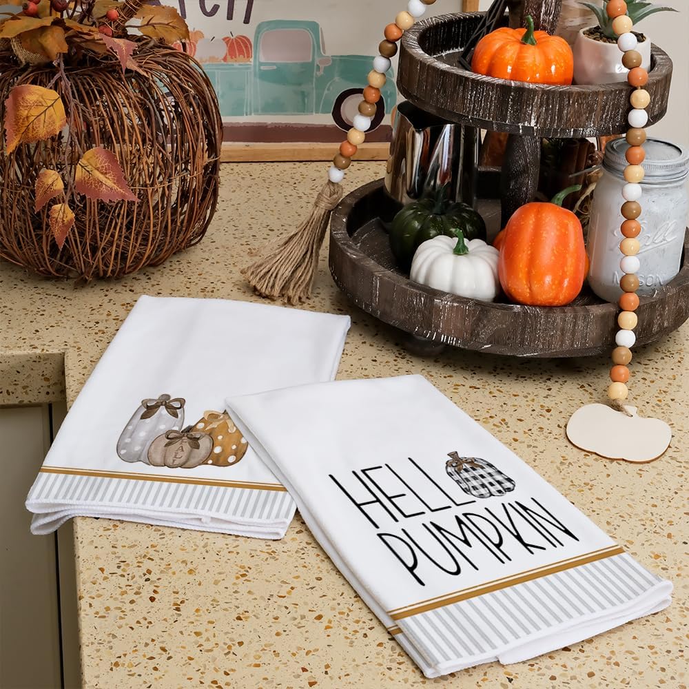 GEEORY Fall Kitchen Dish Towels Set of 2 for Fall Decor,Hello Pumpkin Beige Plaid Bowknot Orange Printed Pumpkin 18x26 Inch Drying Dishcloth,Farmhouse Home Decoration GD107