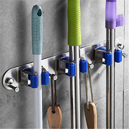 IHIPPO Broom Mop Holder Broom Mop Holder Stainless Steel Wall Mounted Storage Organizer Tool for Kitchen Garage Garden Bathroom Organization and Storage (3 Racks 4 Hooks) for Toilet Garage