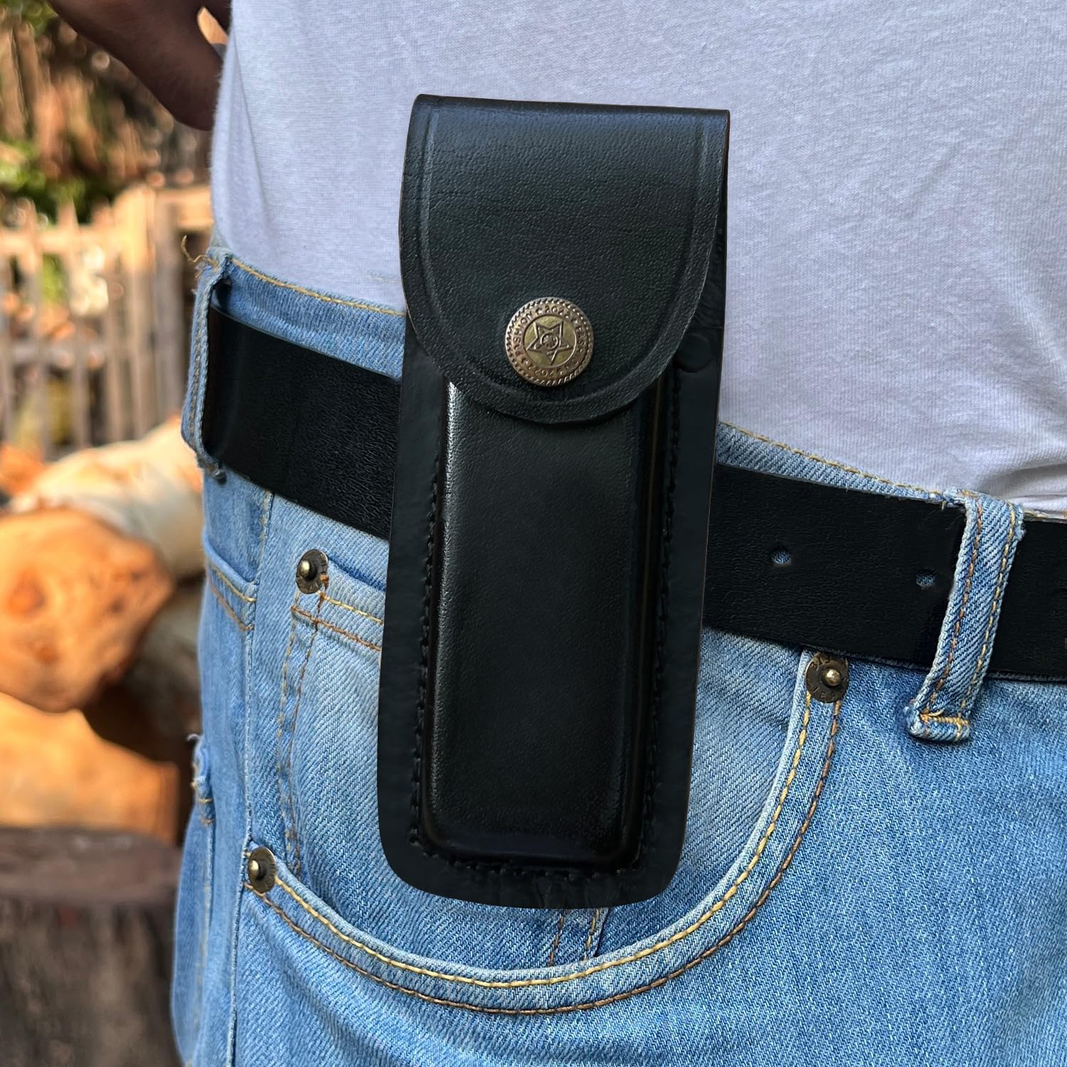 LEATHUX Leather Knife Sheath for Belt, Handmade 5.5” Folding Knife Buck 112 & Buck 110 Sheath, Pocket Knife Holster, Black