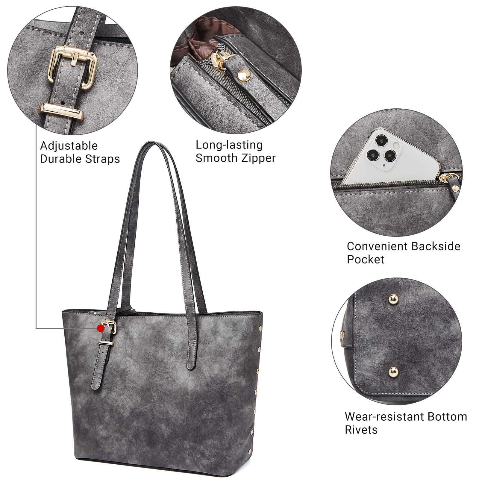 FOXLOVER Vegan Leather Tote Bags for Women Large Capacity Shoulder Bag Vintage Satchel Handbag Purse (Grey)