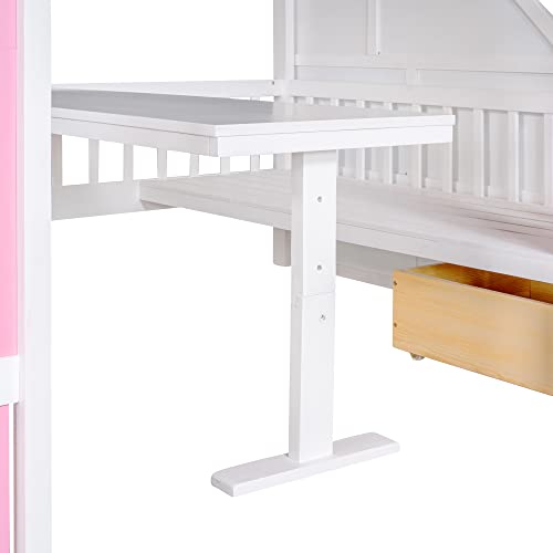 Polibi Full-Over-Full Bunk Bed with Storage Staircase and Changeable Table, Full Bunk Bed Turn into Upper Bed and Down Desk with 2 Drawers, Pink