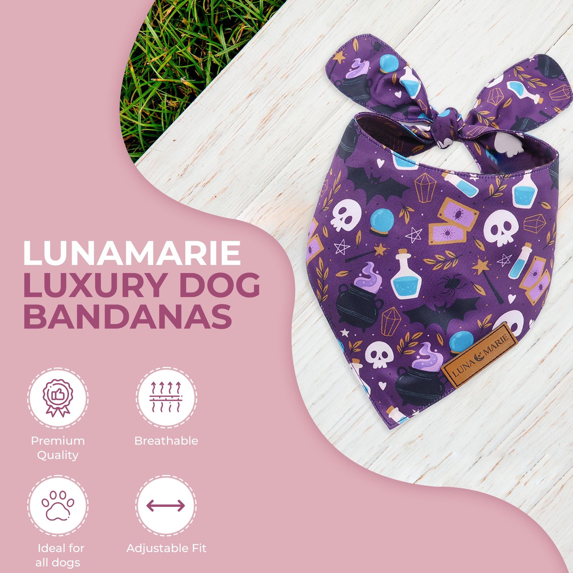 LunaMarie - Luxury Pet Birthday Bandanas -Premium & Silky Poly Fabric | 100% Handmade | Custom Shape Dual Layered (Bewitched, Large)
